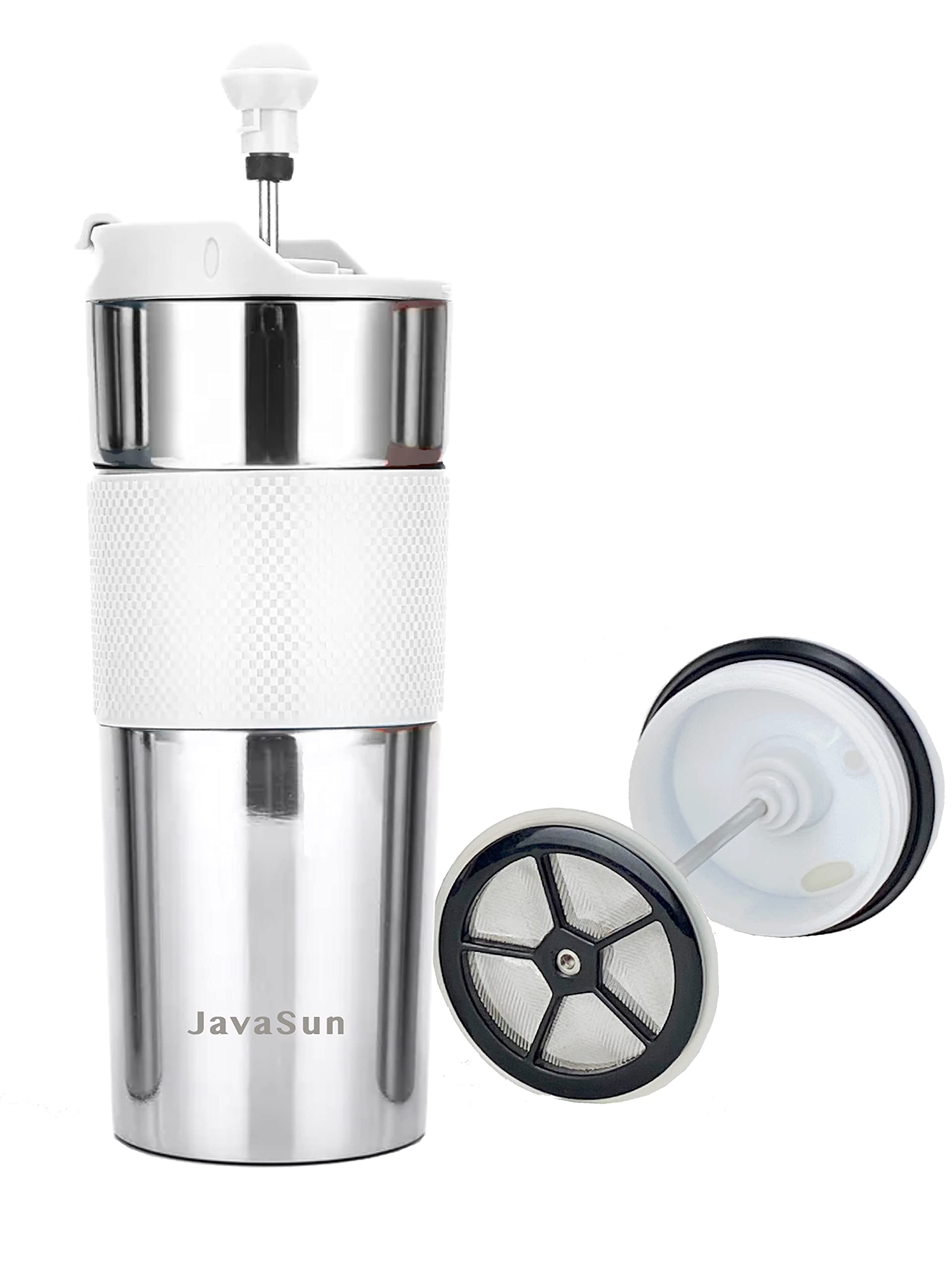 JavaSun French Press Travel Mug 16oz, Large Deluxe Coffee and Tea maker (White)