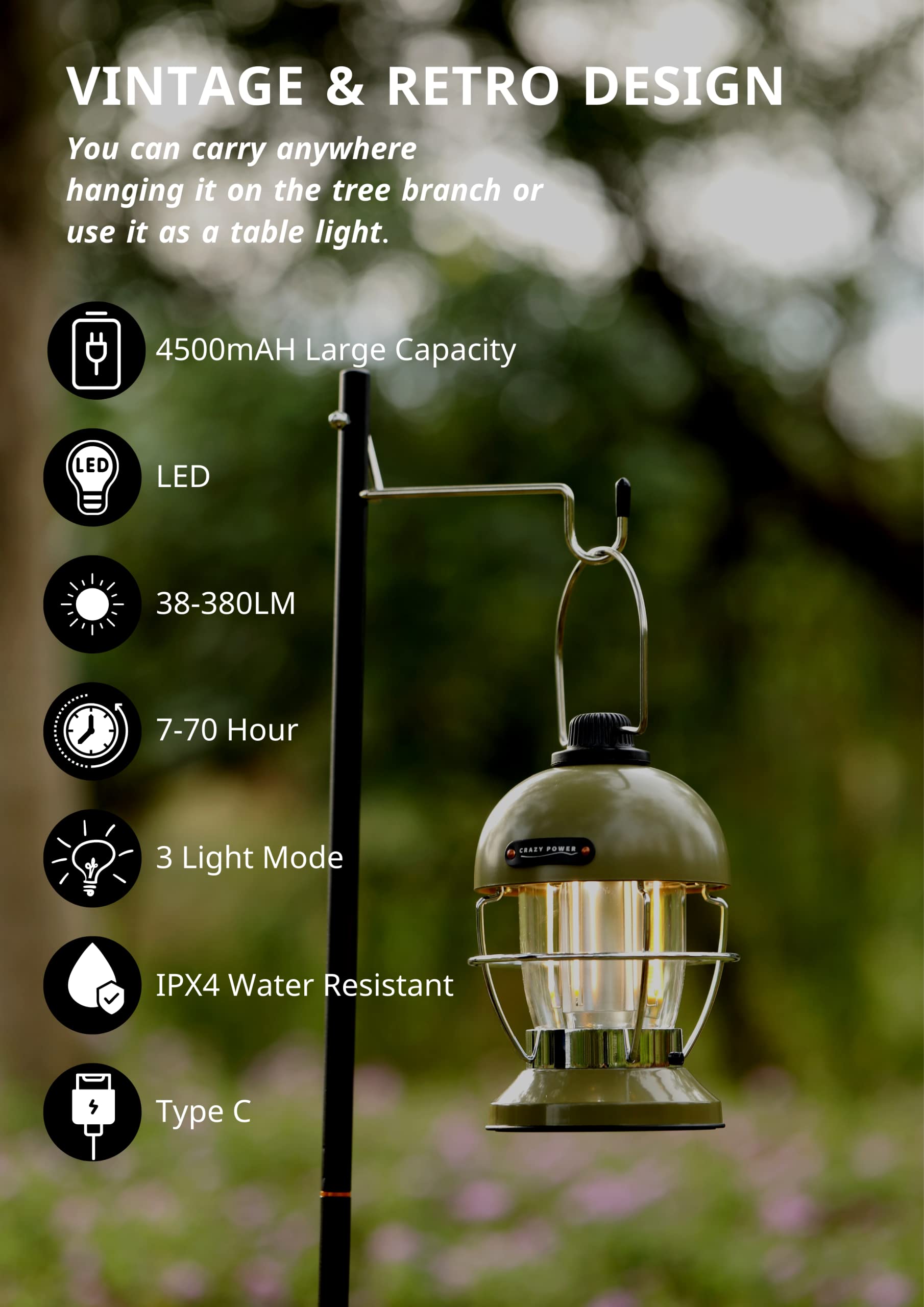 Crazy Power Camping Lantern Rechargeable LED Camping Light Premium Vintage Light 4500 mAh High Capacity Dimmable 3 Light Modes Waterproof for Camping Hiking Fishing Power Outages (CPG100 Apricot)