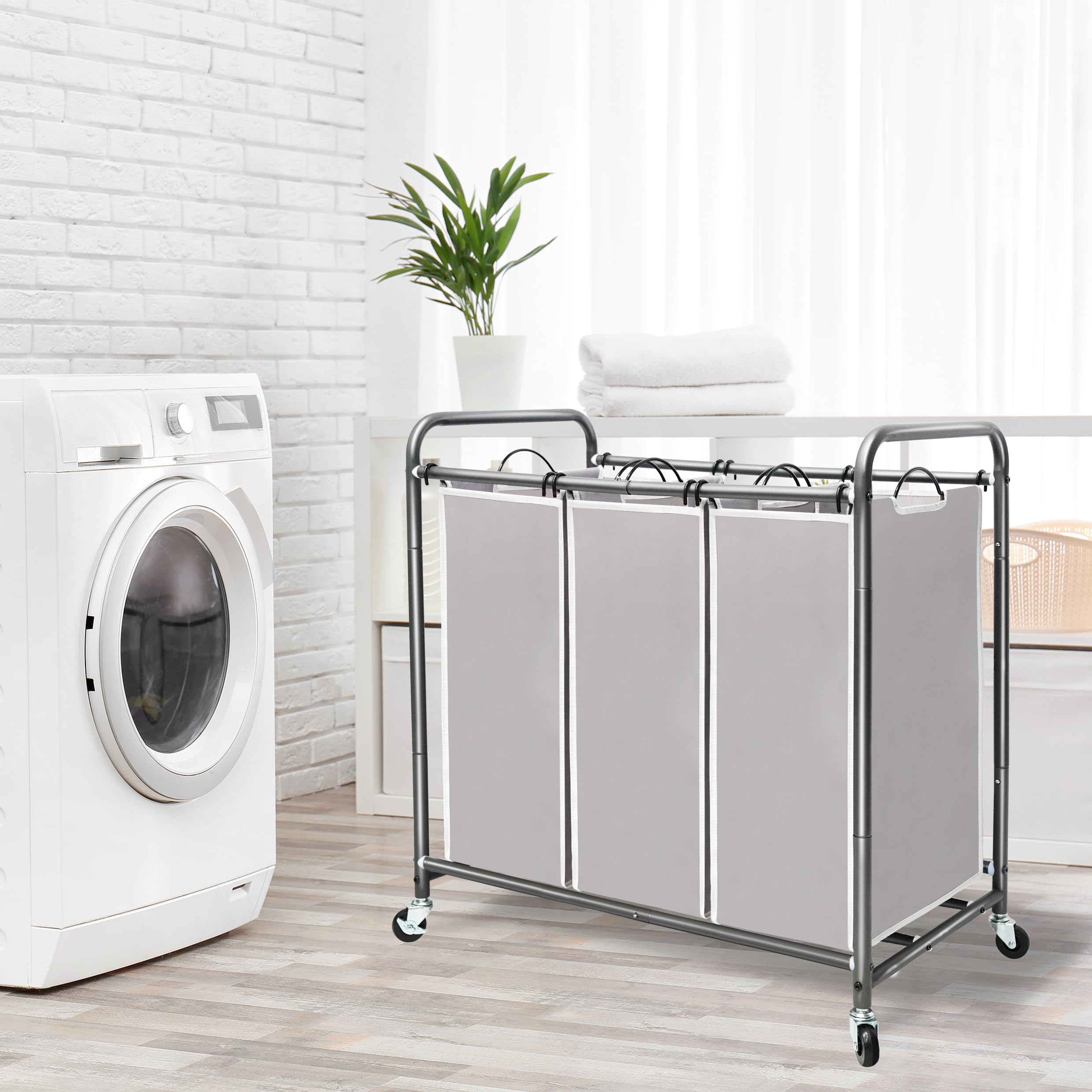 STORAGE MANIAC 3 Section Laundry Sorter, 3 Bag Laundry Hamper Cart with Heavy Duty Rolling Lockable Wheels and Removable Bags, Laundry Organizer Laundry Basket Laundry Clothes Separator Hamper, Gray