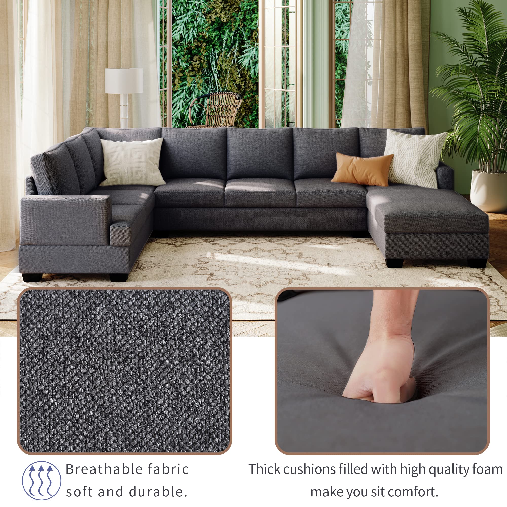 Eafurn U Shaped Sectional Extra Wide Chaise Lounge, Oversized Corner Sturdy Wood Legs and Frame, Deep Seat Soft Upholstered Sofa & Couches for Large Living Room Furniture Sets, Gray