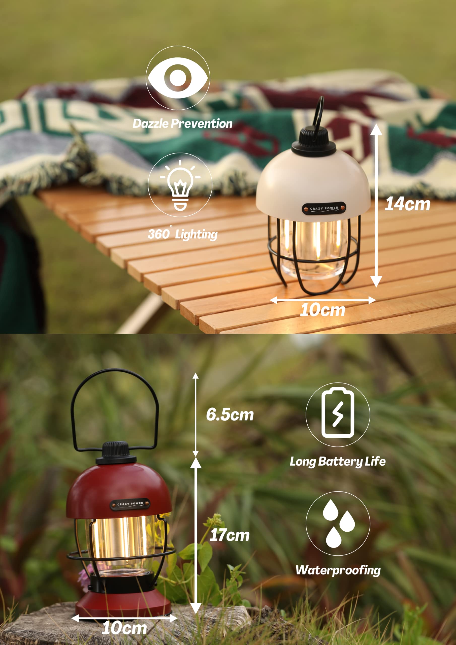 Crazy Power Camping Lantern Rechargeable LED Camping Light Premium Vintage Light 4500 mAh High Capacity Dimmable 3 Light Modes Waterproof for Camping Hiking Fishing Power Outages (CPG100 Apricot)