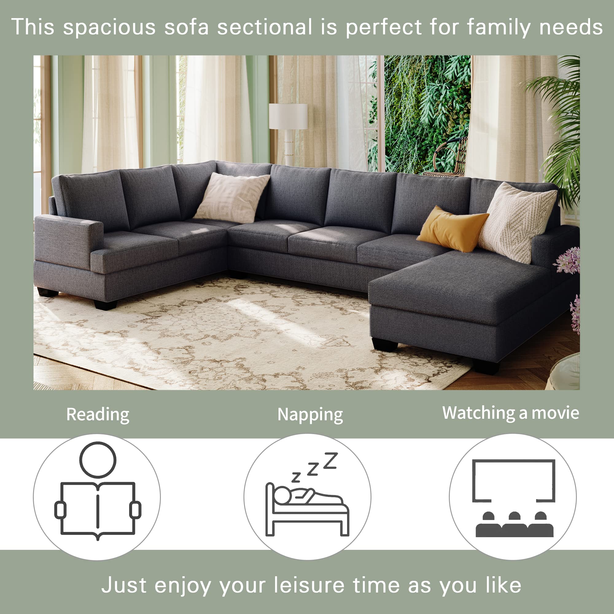 Eafurn U Shaped Sectional Extra Wide Chaise Lounge, Oversized Corner Sturdy Wood Legs and Frame, Deep Seat Soft Upholstered Sofa & Couches for Large Living Room Furniture Sets, Gray