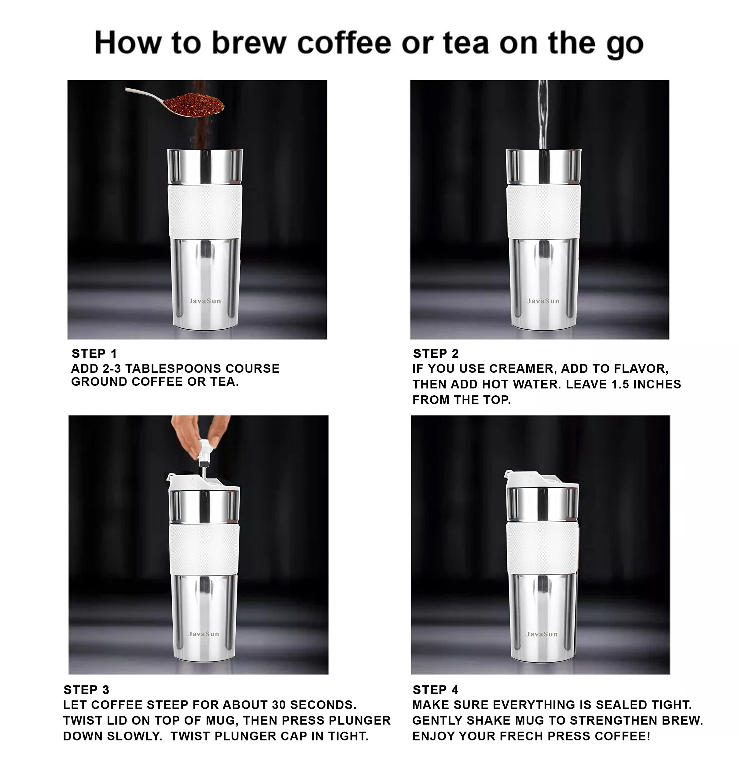JavaSun French Press Travel Mug 16oz, Large Deluxe Coffee and Tea maker (White)