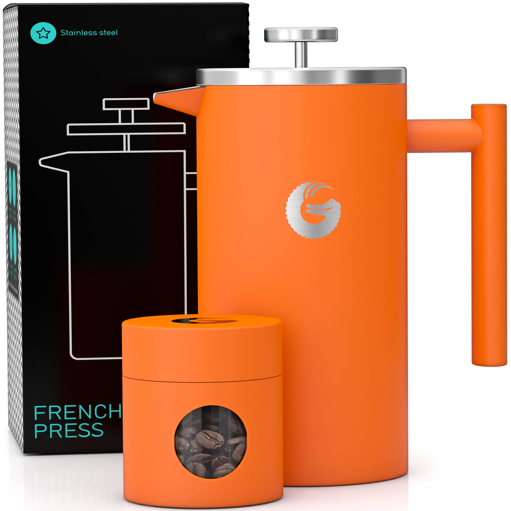 Coffee Gator French Press Coffee Maker - 34oz Thermal Insulated Brewer Plus Travel Jar - Large Capacity, Double Wall Stainless Steel - Orange