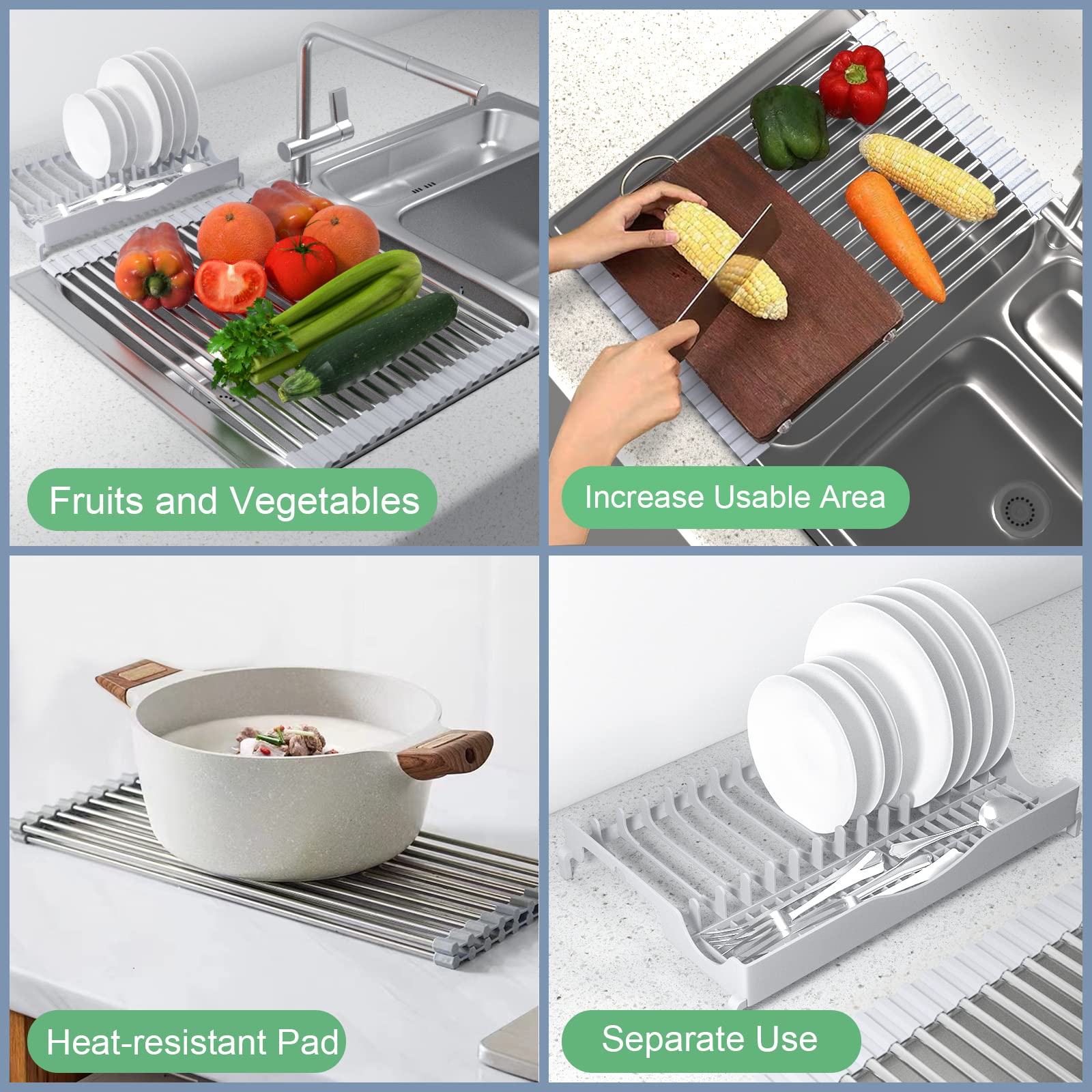 ZYDBB Roll Up Dish Drying Rack (17.1" x 13.1") with Dish Rack Over The Sink, Sink Drying Rack, Drying Rack for Kitchen Counter, 304 Stainless Steel Drying Rack for Kitchen Sink