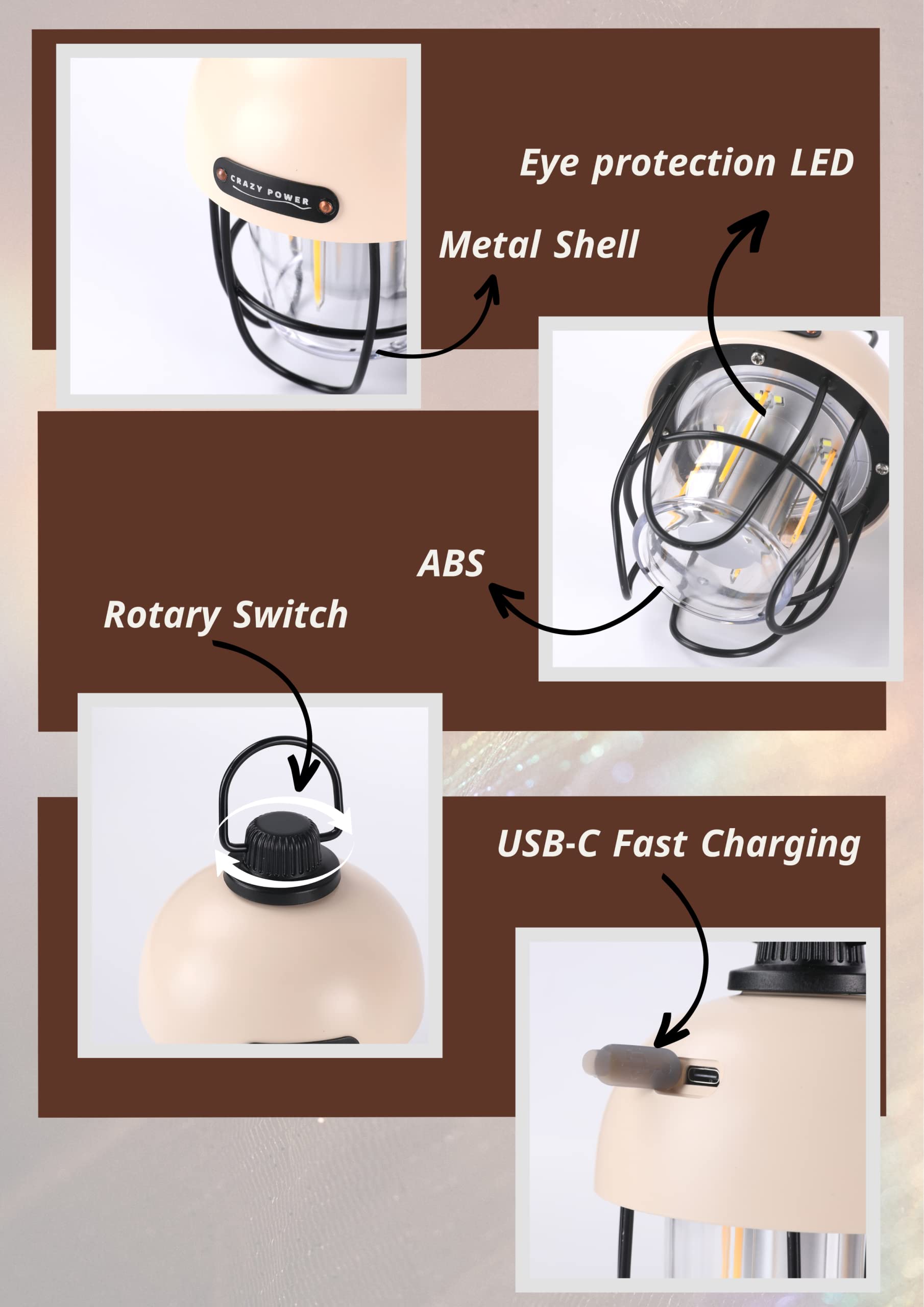 Crazy Power Camping Lantern Rechargeable LED Camping Light Premium Vintage Light 4500 mAh High Capacity Dimmable 3 Light Modes Waterproof for Camping Hiking Fishing Power Outages (CPG100 Apricot)