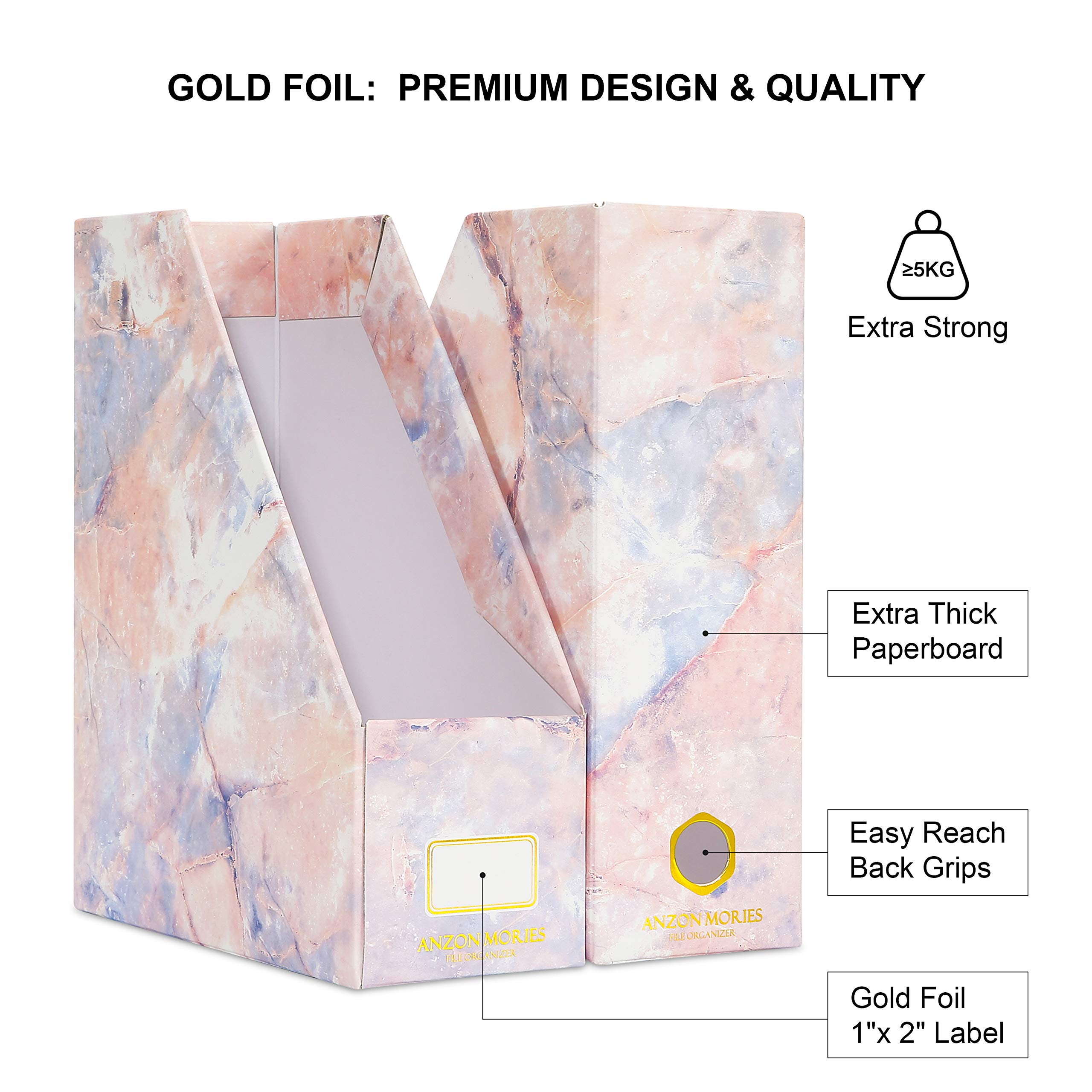 Magazine File Holder with Golden Marble Design 2 Pack, Premium Document Storage Box, Book Bin, Desk File Rack, Perfect for A4 Size Document, Office Folder, Newspaper Tray