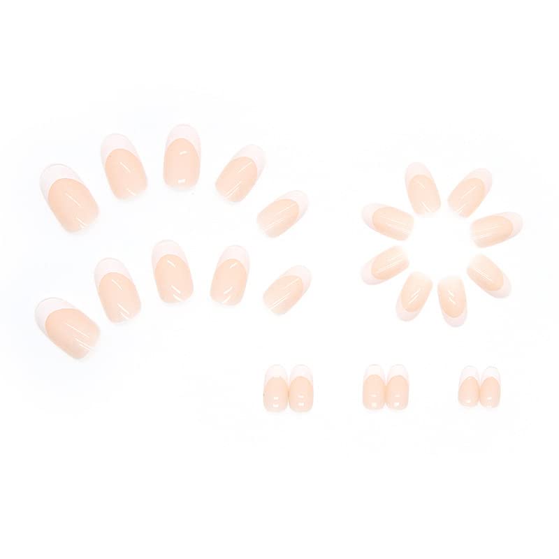 24Pcs French Tip Press On Nails, Medium Almond Tips Acrylic Full Cover White Glossy Nude Reusable Glue On Nails for Women Girls