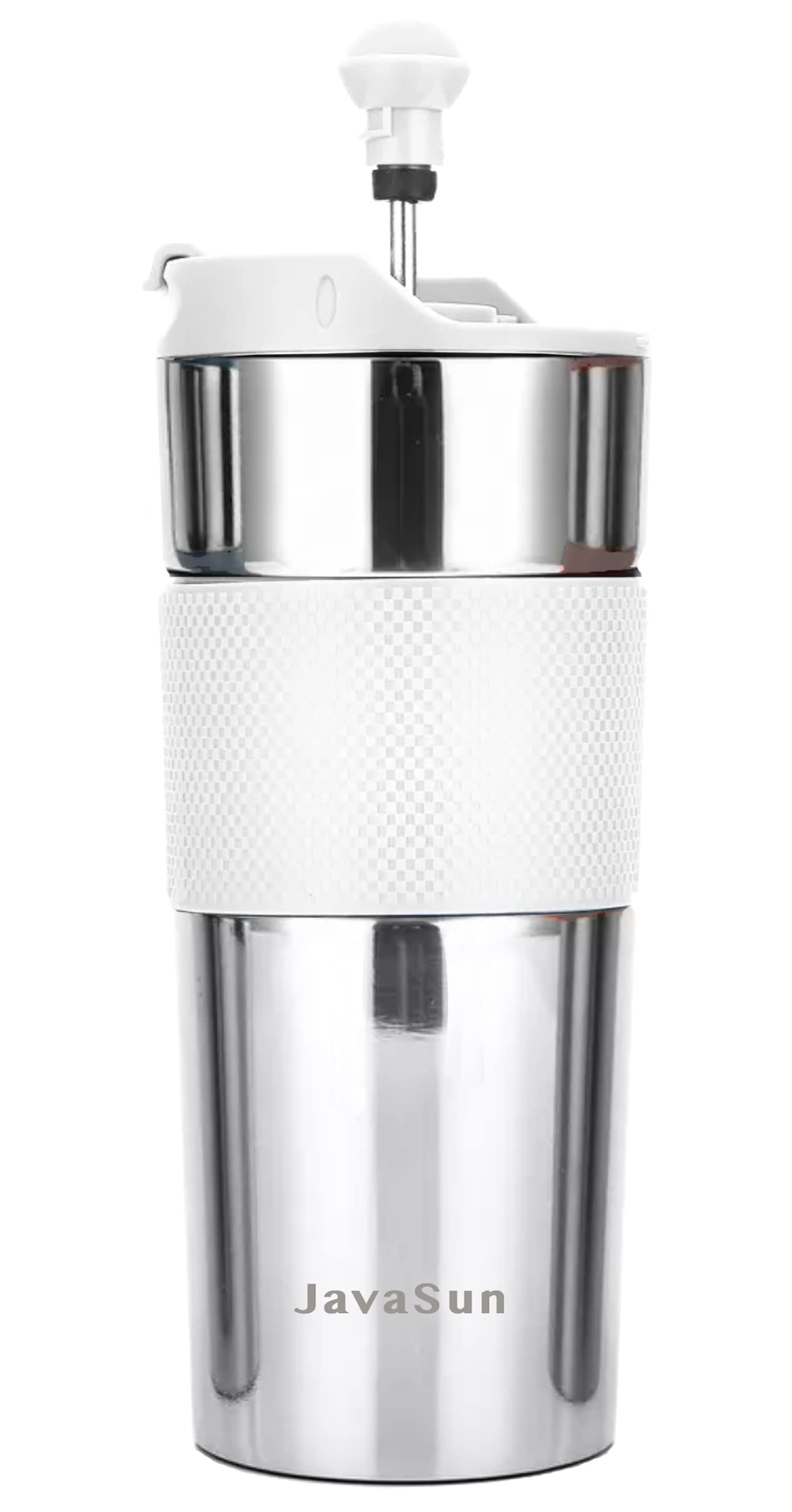 JavaSun French Press Travel Mug 16oz, Large Deluxe Coffee and Tea maker (White)