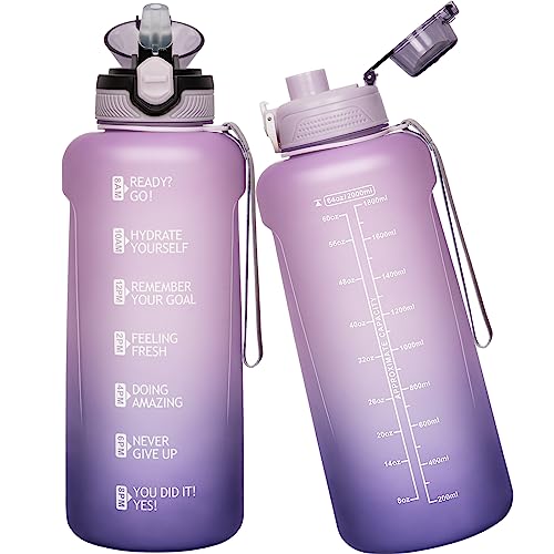 Seekua Large Tritan Water Bottle with Straw & Time Marker, Motivational Half Gallon Daily Drinking Water Bottle with Strap Big Water Jug for Sports, Gym, Fitness, Travel, 2 Lids, 64 oz