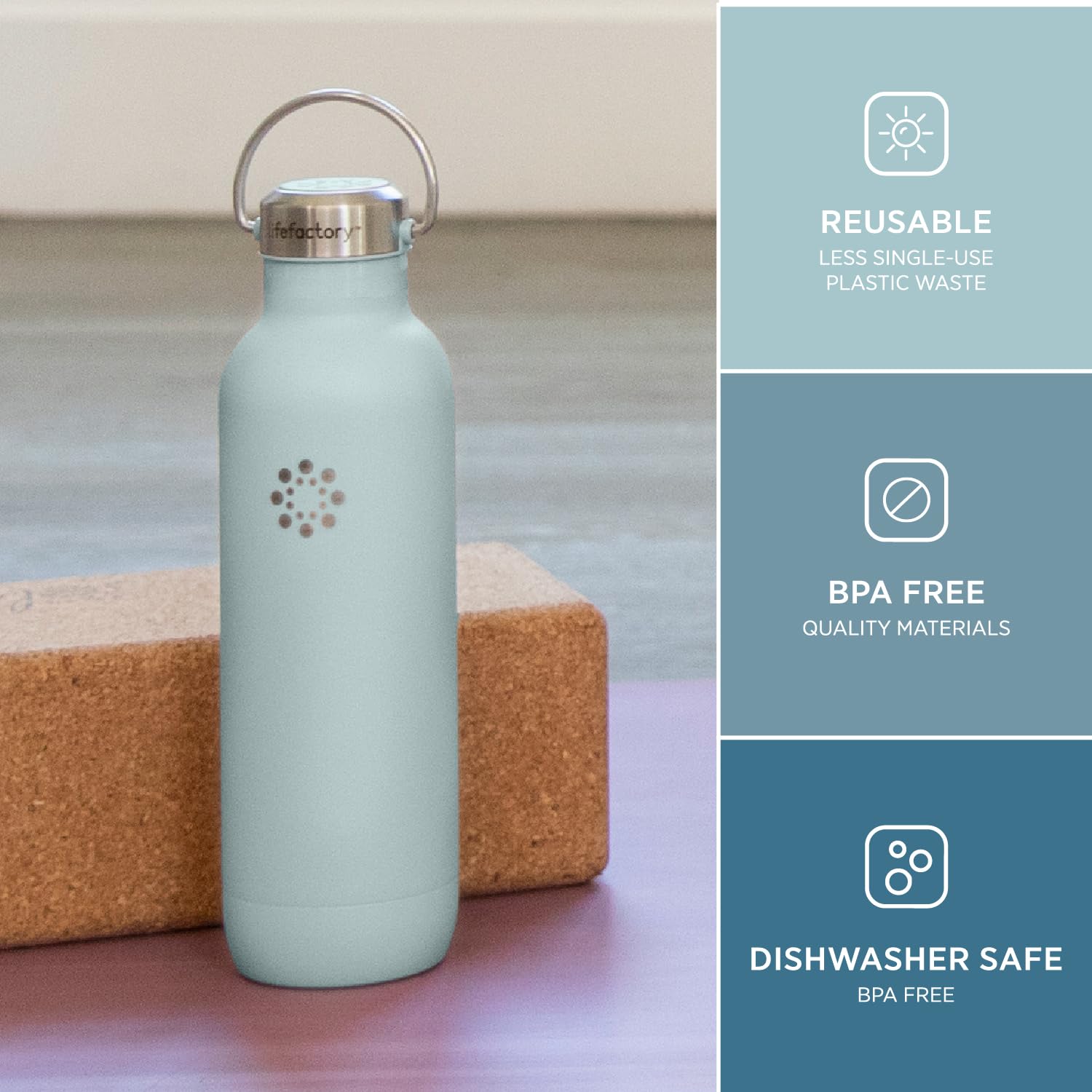 LIfeFactory Stainless Steel Vacuum-Insulated Sport Bottle, 24 Ounce, Mint