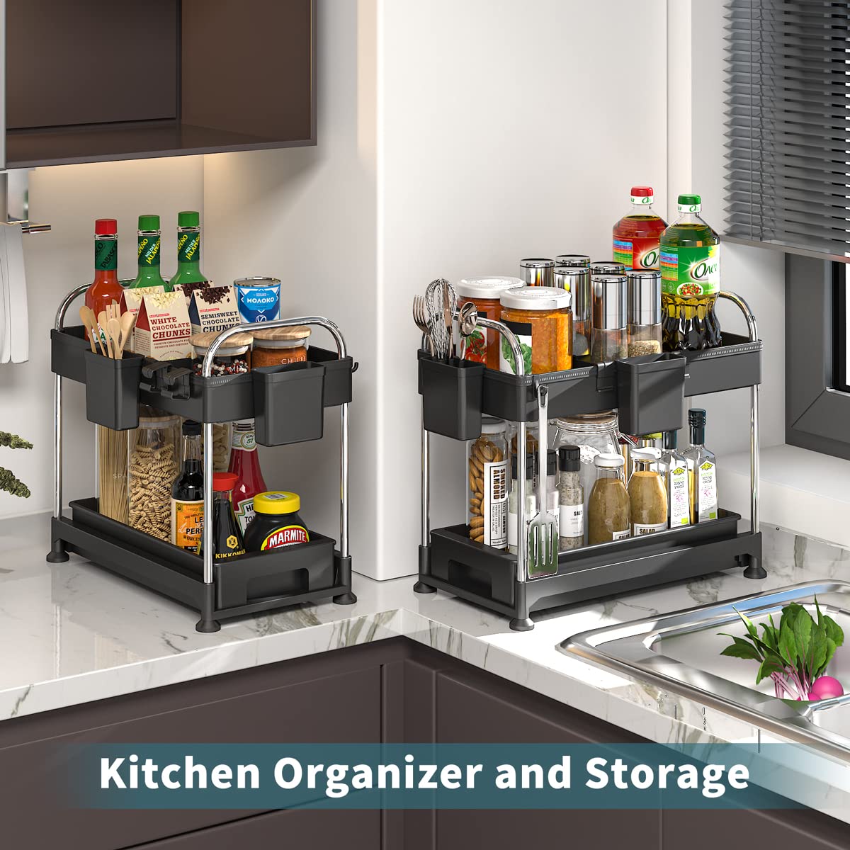 Luyata 2 Pack Under Sink Organizer, 2-Tier Pull Out Under Sink Cabinet Organizer, Sliding Drawer Basket Storage Organizer Shelf for Kitchen Bathroom, with Hooks, Hanging Cup, Dividers, Black