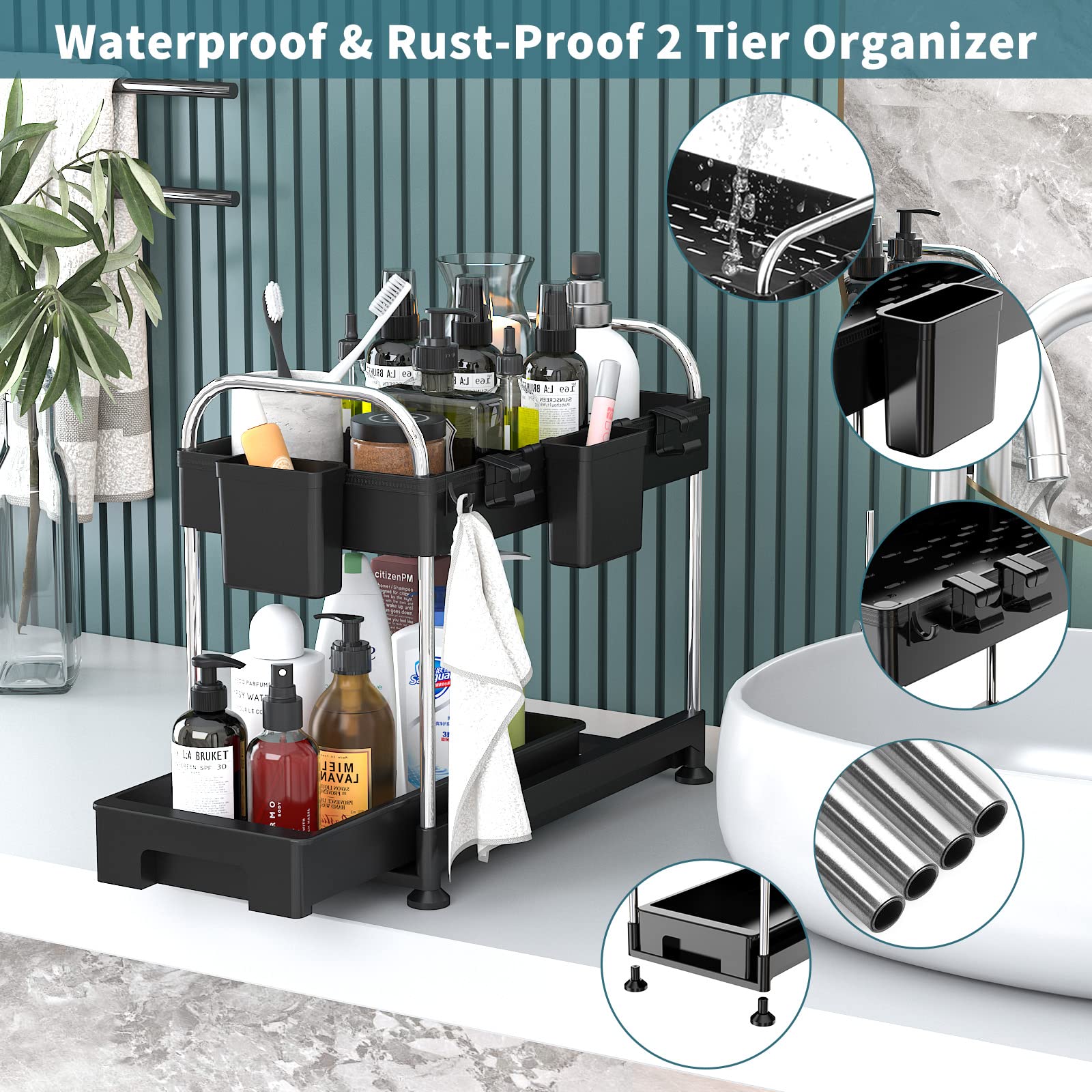 Luyata 2 Pack Under Sink Organizer, 2-Tier Pull Out Under Sink Cabinet Organizer, Sliding Drawer Basket Storage Organizer Shelf for Kitchen Bathroom, with Hooks, Hanging Cup, Dividers, Black