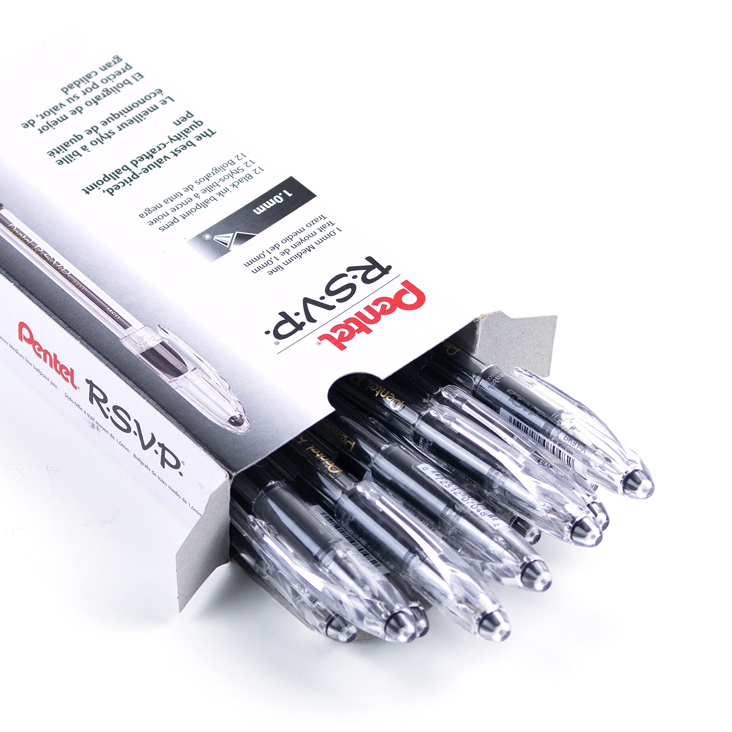 Pentel RSVP Ballpoint Pen, 1.0 mm, Black Ink, 12 Pack (BK91-A)