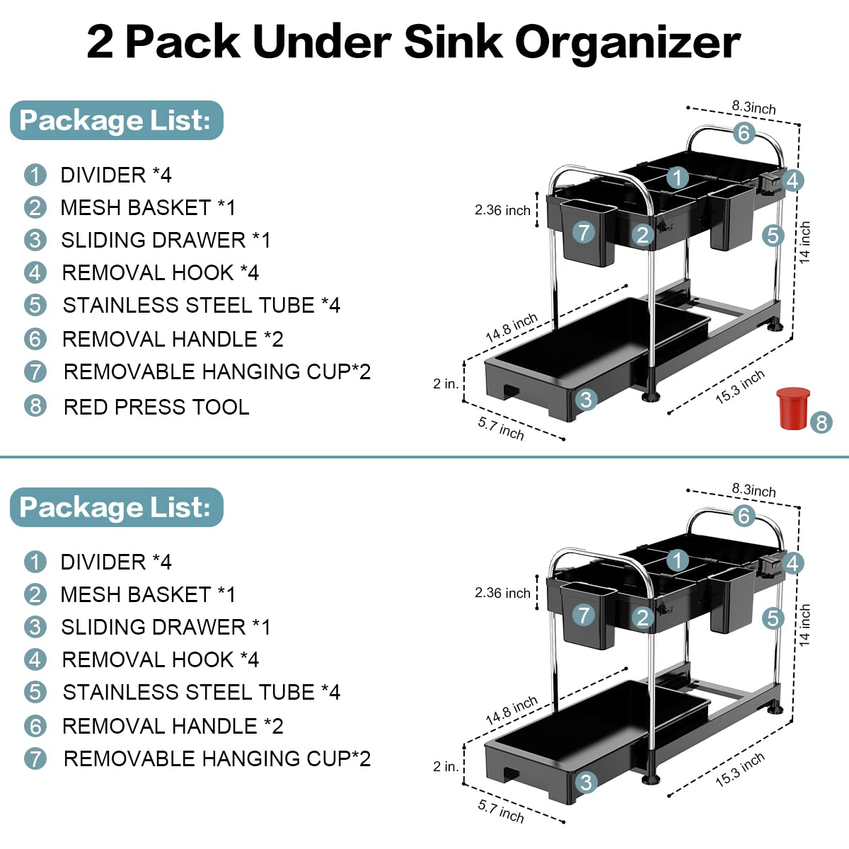 Luyata 2 Pack Under Sink Organizer, 2-Tier Pull Out Under Sink Cabinet Organizer, Sliding Drawer Basket Storage Organizer Shelf for Kitchen Bathroom, with Hooks, Hanging Cup, Dividers, Black