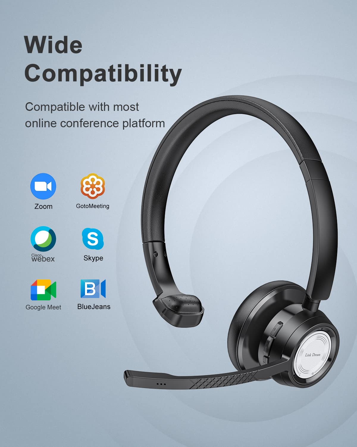 Link Dream Trucker Bluetooth Headset 20H Talktime Wireless Headset with 270°Rotatable Noise Cancelling Microphone USB Dongle for Online Meeting, Office Home, Call Center, Computer, Cell Phone