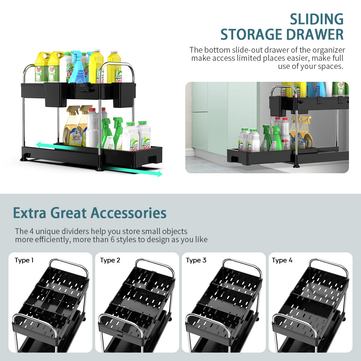 Luyata 2 Pack Under Sink Organizer, 2-Tier Pull Out Under Sink Cabinet Organizer, Sliding Drawer Basket Storage Organizer Shelf for Kitchen Bathroom, with Hooks, Hanging Cup, Dividers, Black