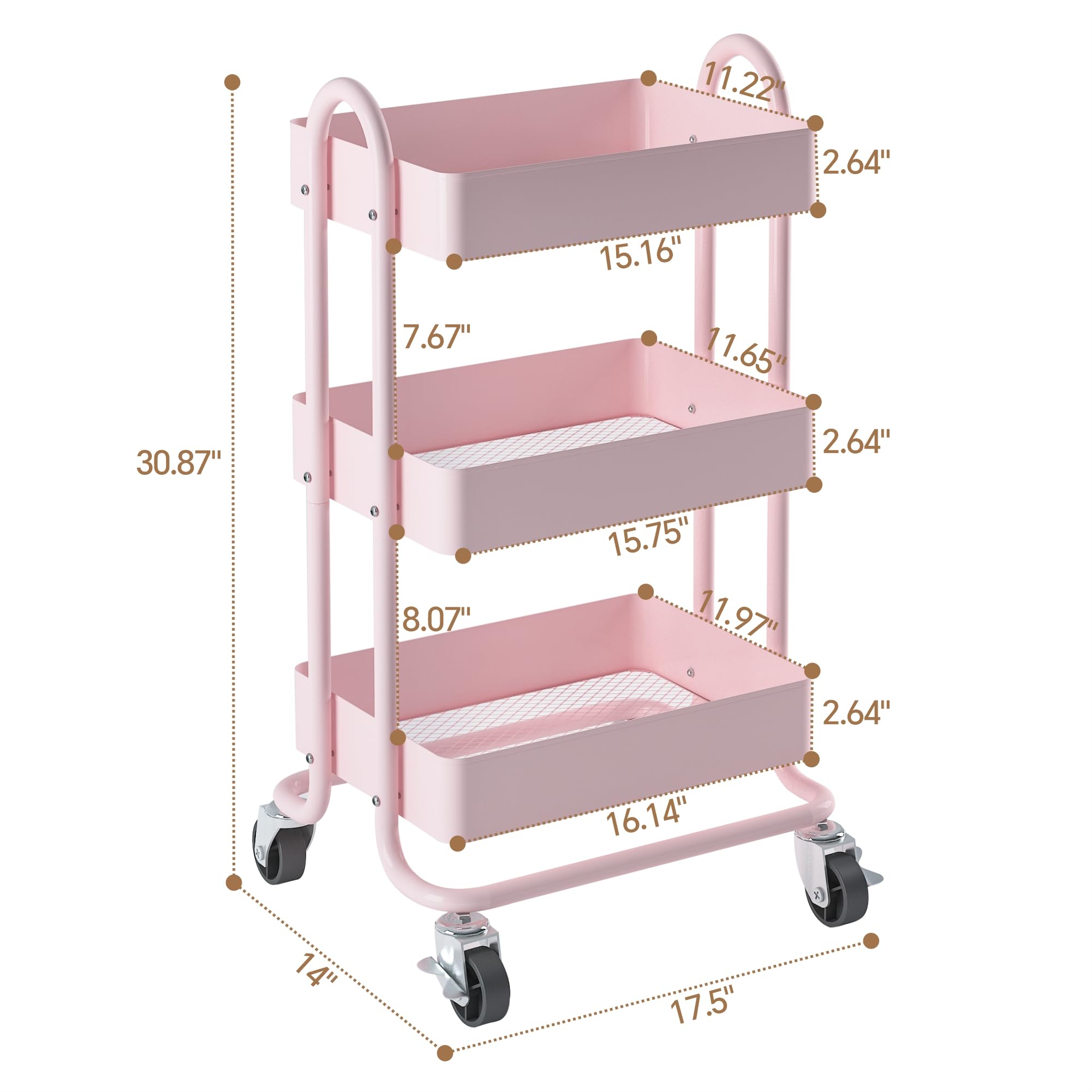 MIOCASA 3-Tier Utility Rolling Cart, Multifunctional Cart with Lockable Casters, Easy to Assemble, Suitable for Office, Bathroom, Kitchen, Garden (Black)