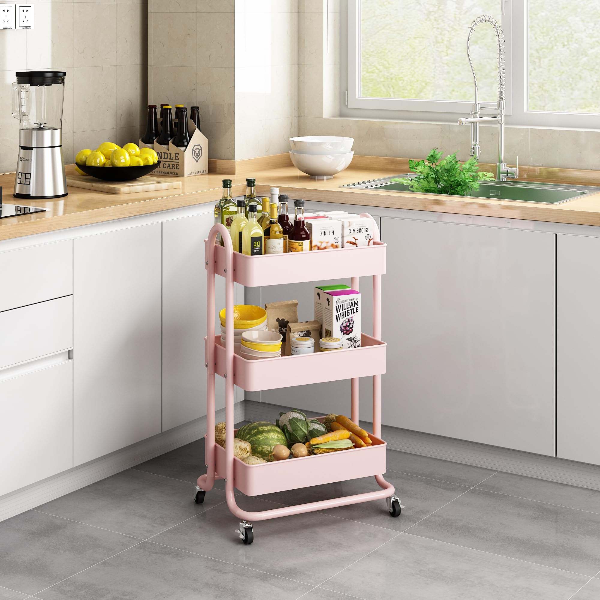 MIOCASA 3-Tier Utility Rolling Cart, Multifunctional Cart with Lockable Casters, Easy to Assemble, Suitable for Office, Bathroom, Kitchen, Garden (Black)