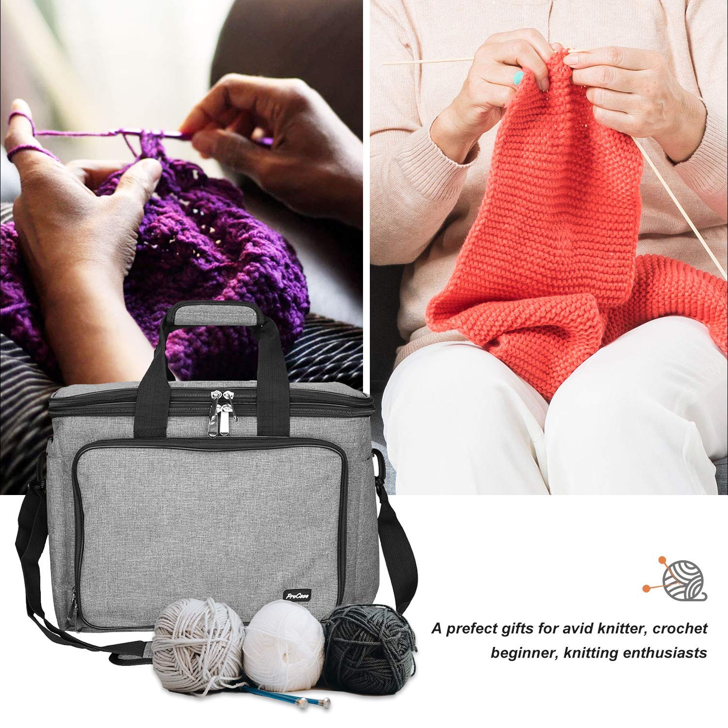 ProCase Knitting Bag with Inner Divider, Yarn Storage Organizer Crochet Tote Bags for Projects, Knitting Needles, Crochet Hooks and Other Knitting Supplies (No Accessories Included), Black