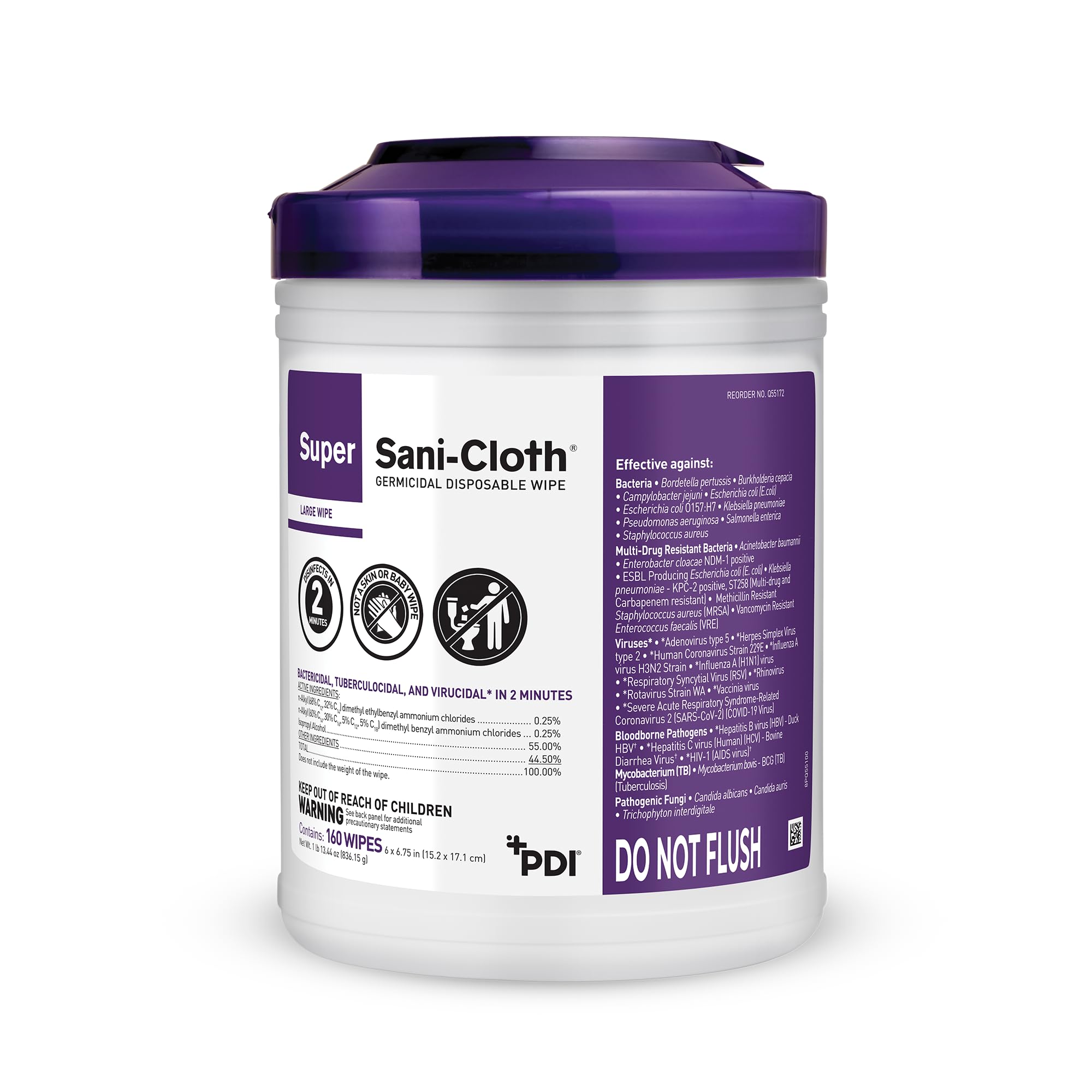 PDI-Q55172 Professional Disposables Surface Disinfectant Super Sani-Cloth Wipes, 160 Count - Purple