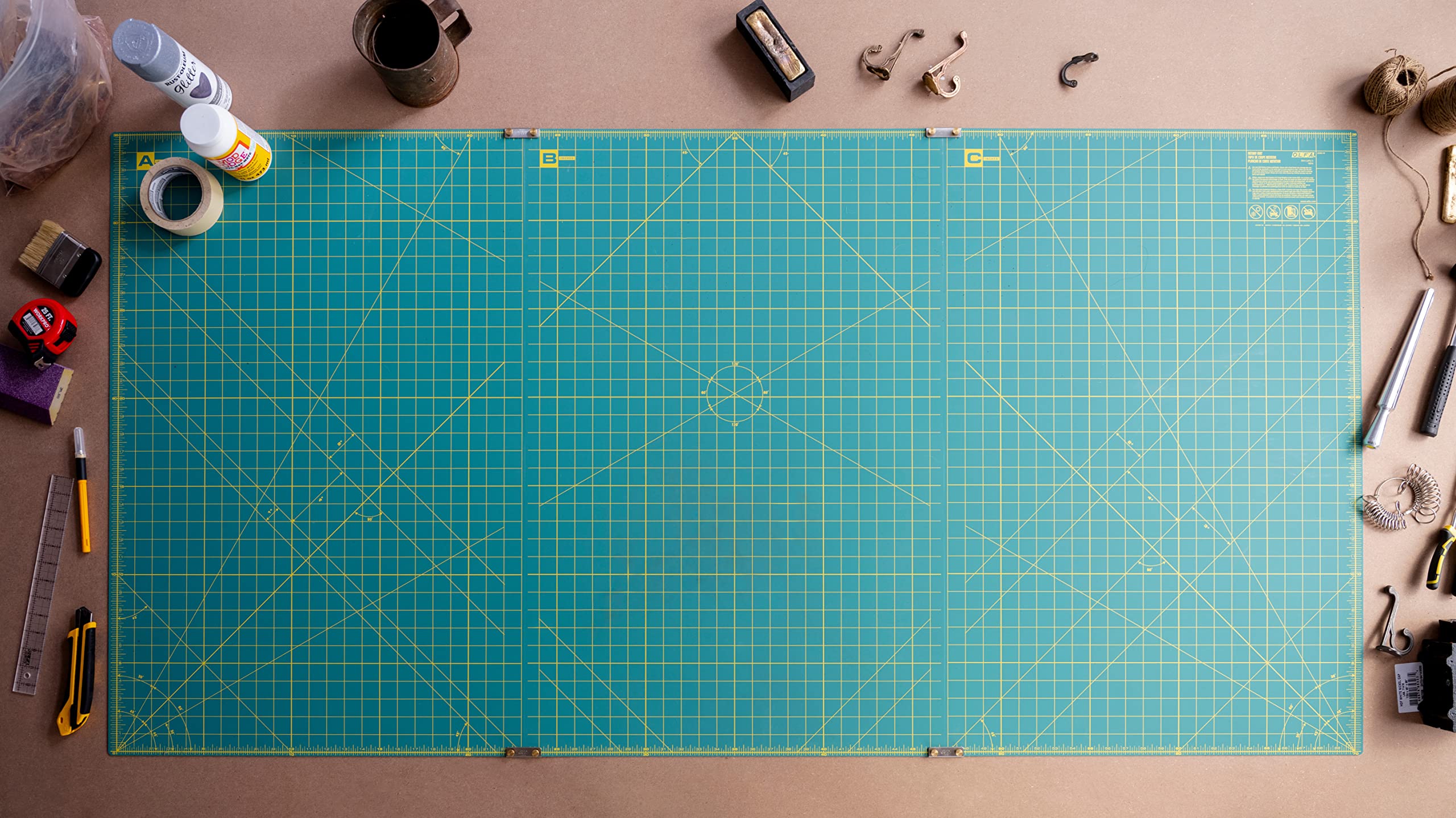 OLFA 35" x 70" Connecting Grid Rotary Cutting Mat Set (RM-CLIPS/3) - Self Healing Double Sided 35x70 Inch Cutting Mat with Grid for Fabric & Sewing, Designed for Use with Rotary Cutters (Green)