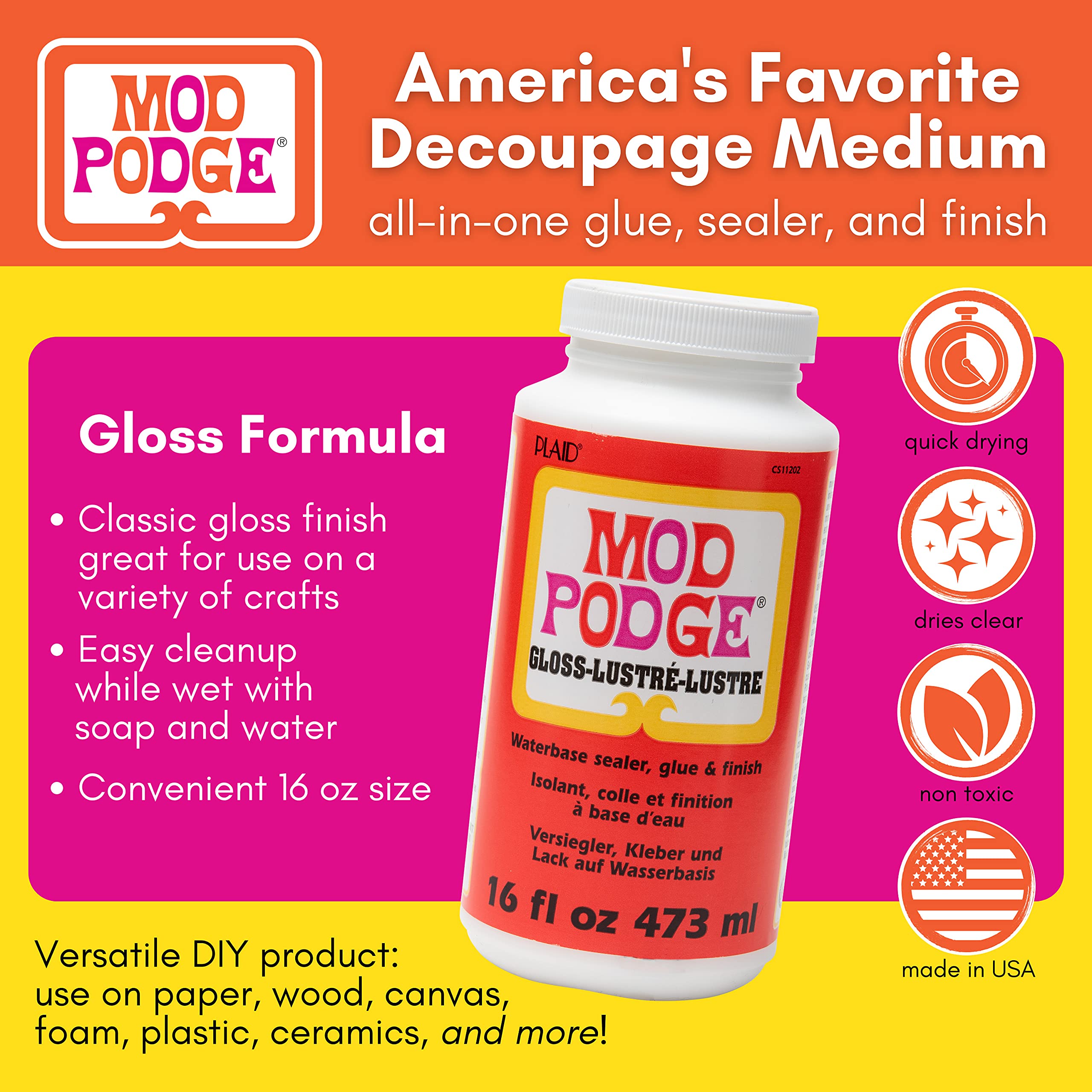 Mod Podge Gloss Waterbase Sealer, Glue (16-Ounce), CS11202 Finish, 16 oz