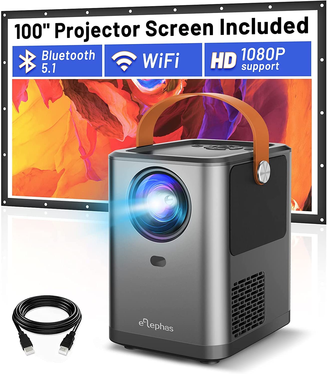 [2022 Upgraded] Mini WiFi Bluetooth Projector, ELLEPHAS 1080P Full HD Supported Movie Projector, Home Theater Projector with 100" Projector Screen & Zoom, Compatible with Android/iOS/PC/TV Stick/PS4
