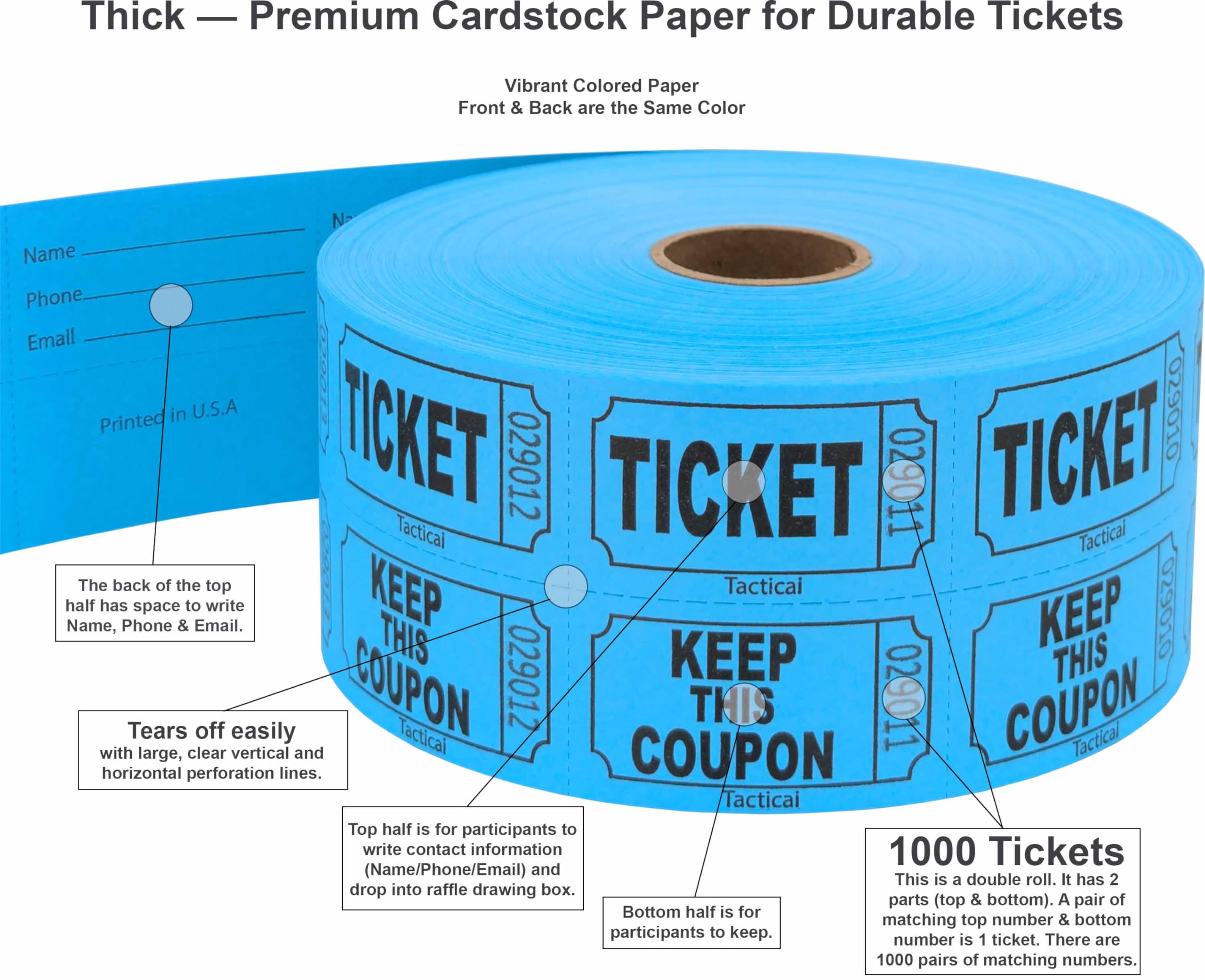 1000 Tacticai Blue Raffle Tickets (8 Colors Available), Double Roll, 2" x 2" Ticket for Events, Entry, Class Reward, Fundraiser & Prizes