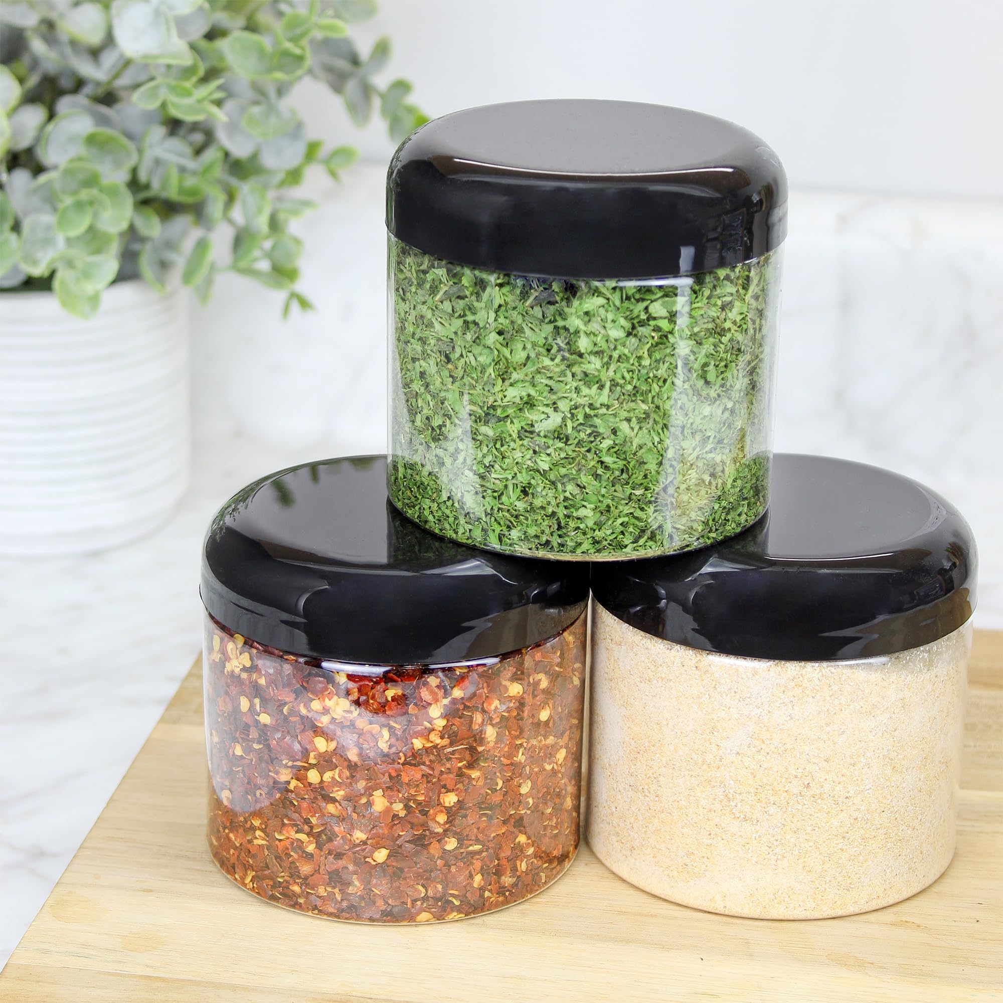 Cornucopia Brands 16oz Clear Plastic Jars w/Domed Lids (6 pack); BPA Free PET Stackable Straight Sided Canisters for Bathroom & Kitchen Storage