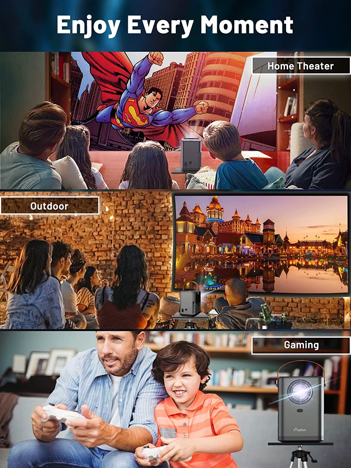 [2022 Upgraded] Mini WiFi Bluetooth Projector, ELLEPHAS 1080P Full HD Supported Movie Projector, Home Theater Projector with 100" Projector Screen & Zoom, Compatible with Android/iOS/PC/TV Stick/PS4