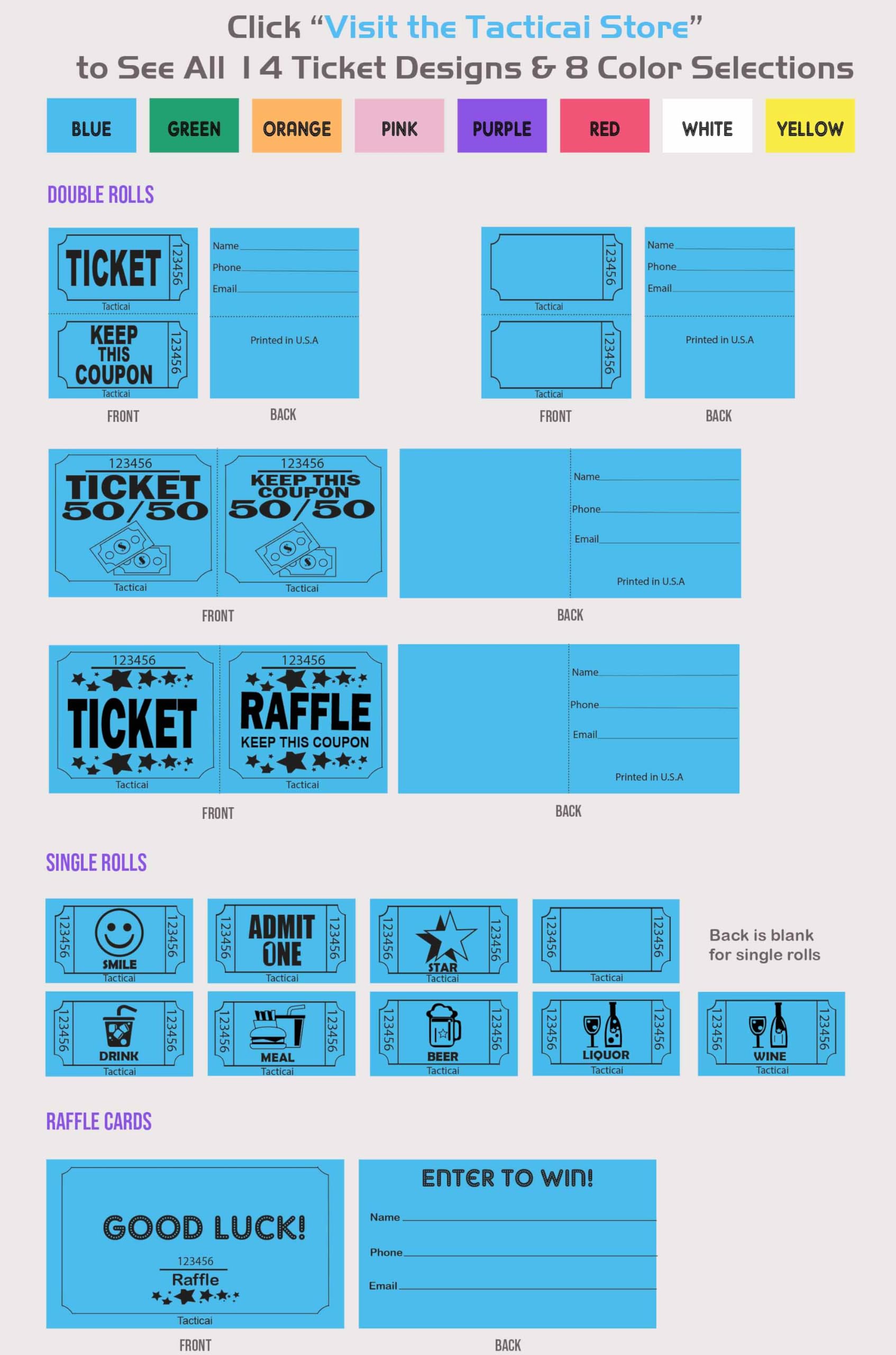 1000 Tacticai Blue Raffle Tickets (8 Colors Available), Double Roll, 2" x 2" Ticket for Events, Entry, Class Reward, Fundraiser & Prizes