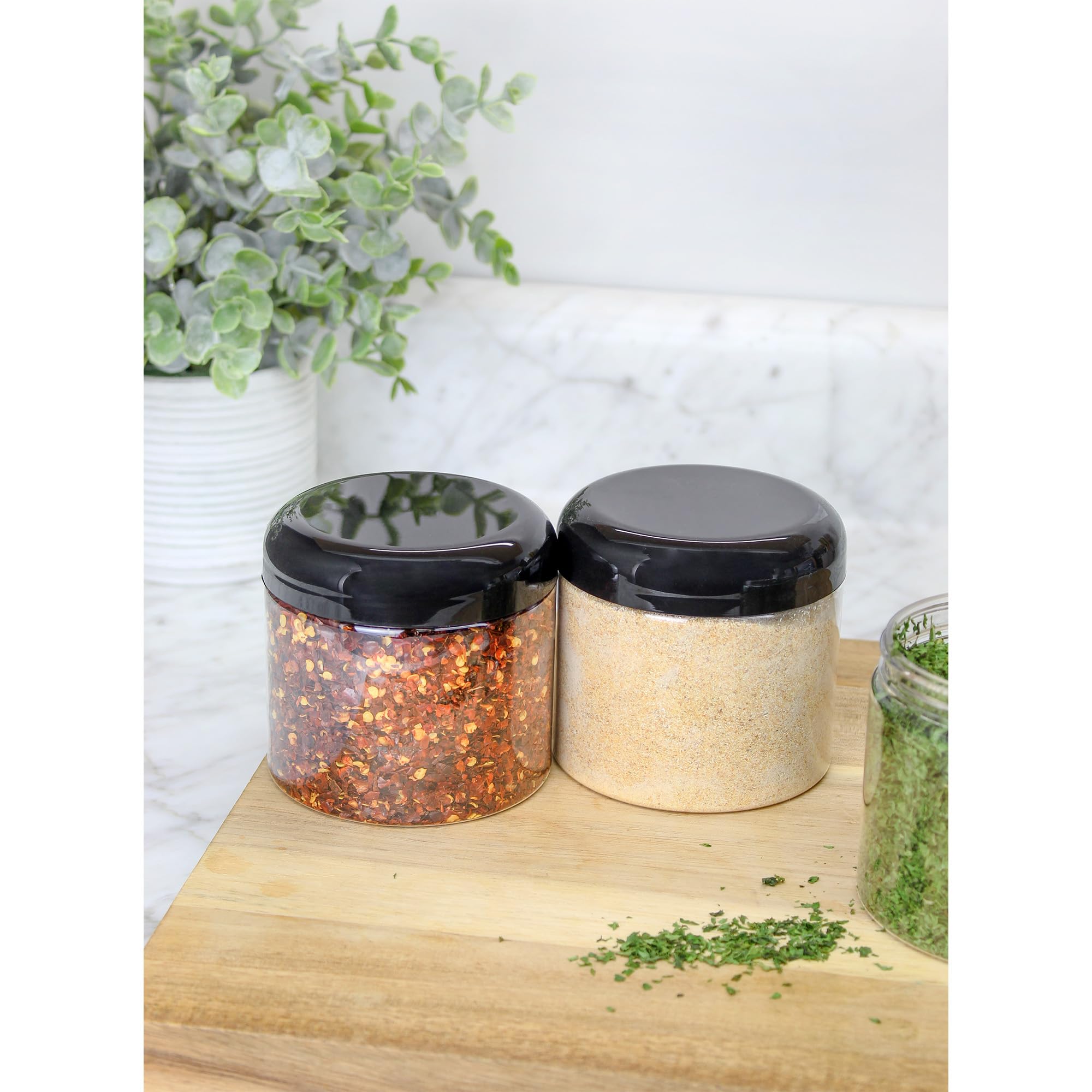 Cornucopia Brands 16oz Clear Plastic Jars w/Domed Lids (6 pack); BPA Free PET Stackable Straight Sided Canisters for Bathroom & Kitchen Storage