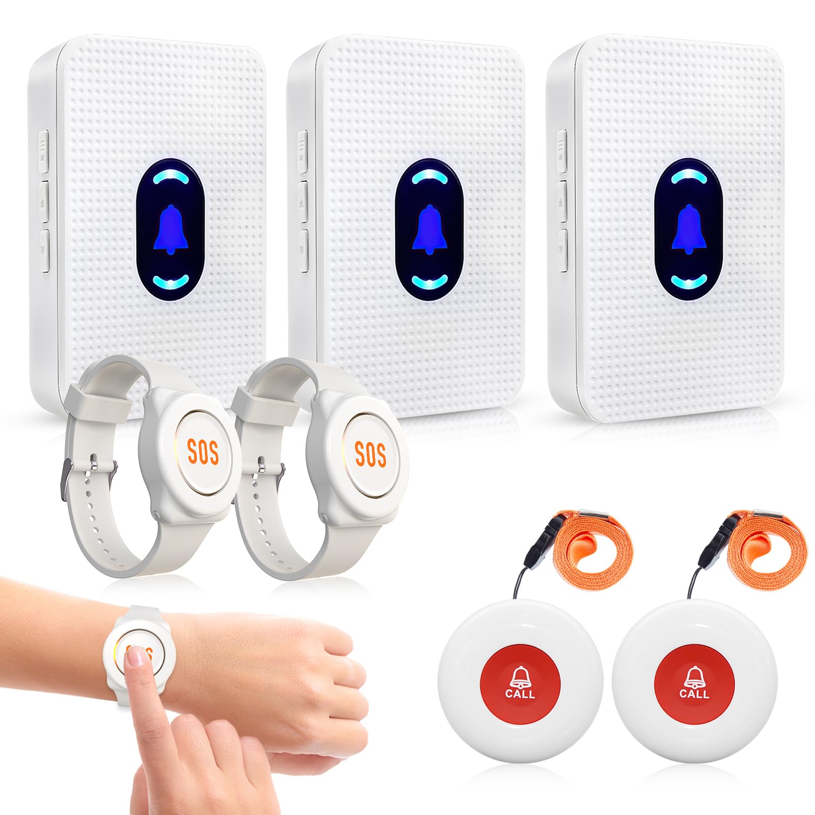 Daytech Wireless Caregiver Pager Call Button Elderly Medical Nurse Alert System for Elderly Monitoring/Seniors with 2 SOS Call Panic Buttons & 2 Watch Pagers, 500+Feet 3 Receivers