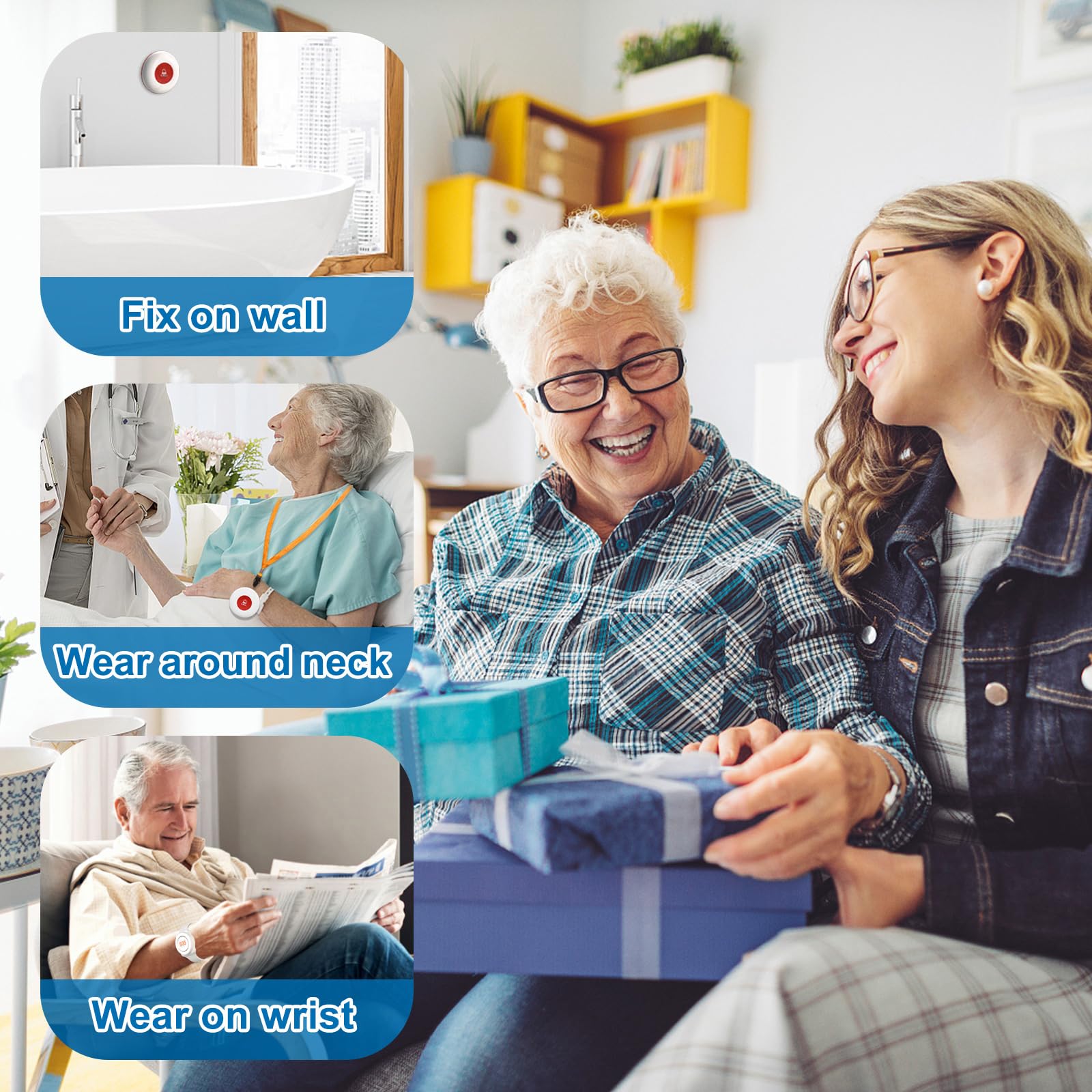 Daytech Wireless Caregiver Pager Call Button Elderly Medical Nurse Alert System for Elderly Monitoring/Seniors with 2 SOS Call Panic Buttons & 2 Watch Pagers, 500+Feet 3 Receivers