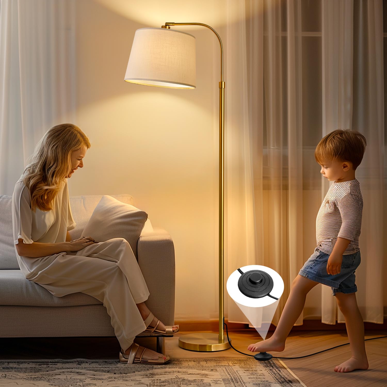 Oneach Modern Floor Lamp for Living Rooms LED Contemporary Arc Standing Lamps for Bedrooms Accent Tall Pole Gold Light for Reading with Hanging Lamp Shade Antique Brass