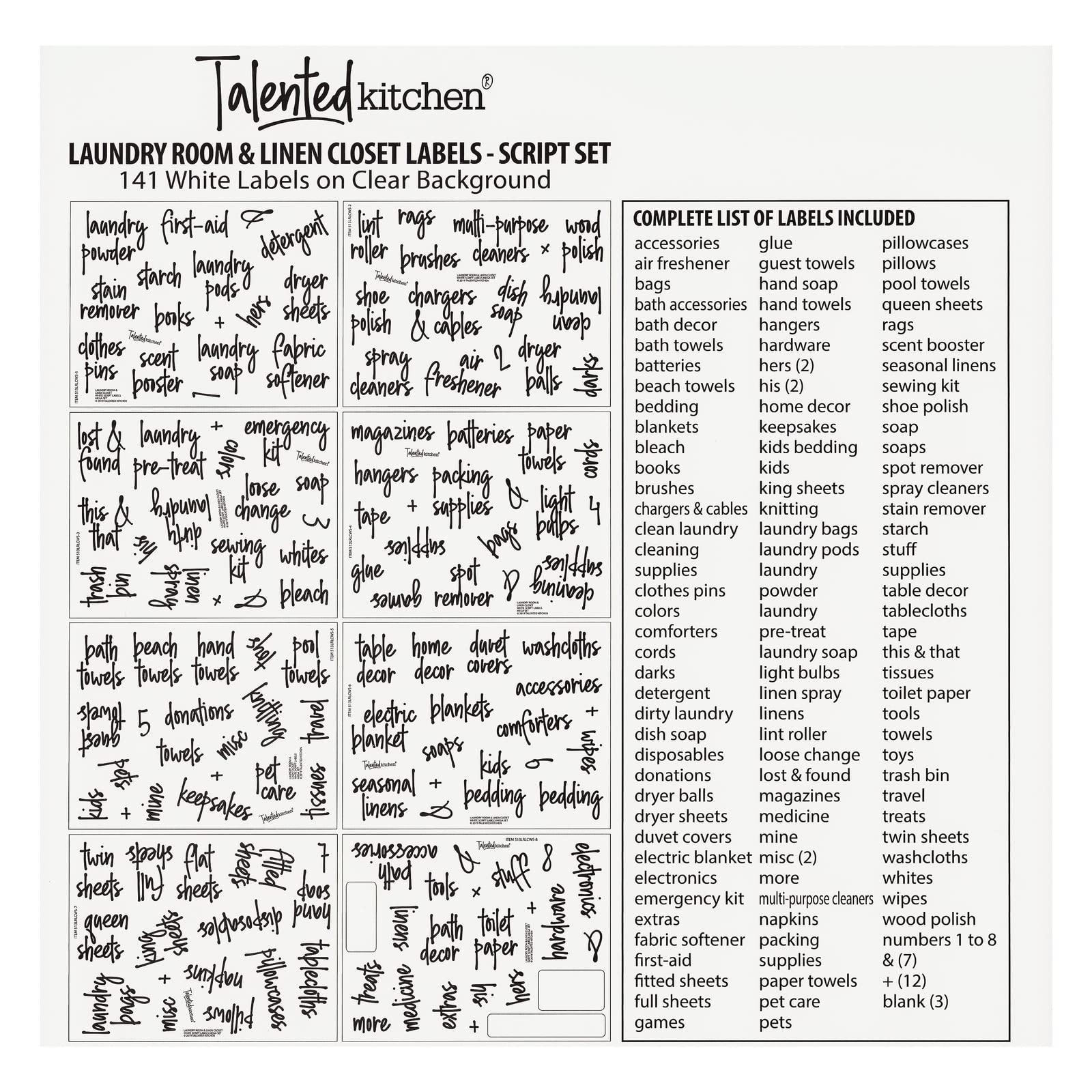 Talented Kitchen 141 Laundry Room Labels for Jars and Containers, Preprinted White Script Stickers for Linen Closet, Bathroom Organization, Cleaning Supplies (Water Resistant)