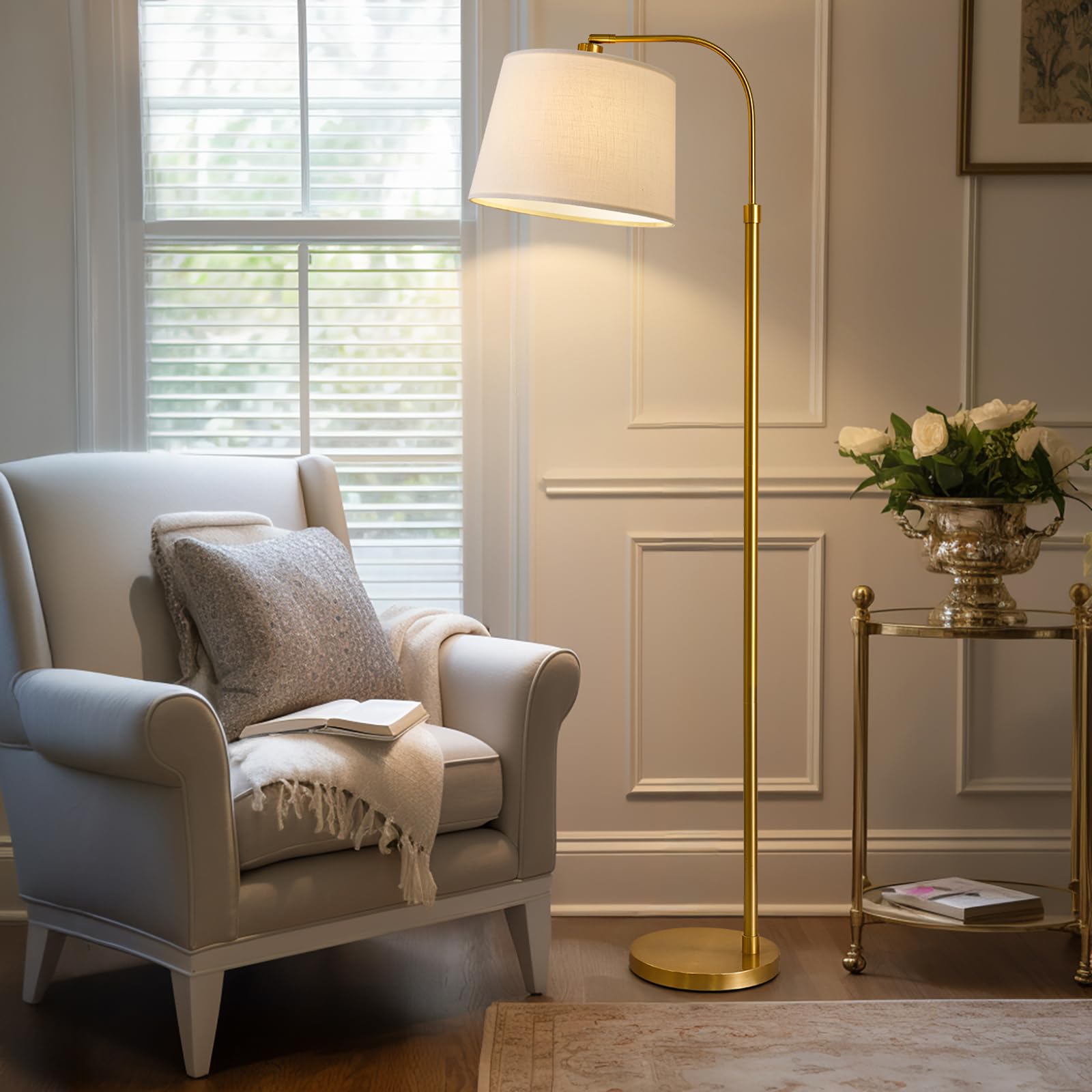 Oneach Modern Floor Lamp for Living Rooms LED Contemporary Arc Standing Lamps for Bedrooms Accent Tall Pole Gold Light for Reading with Hanging Lamp Shade Antique Brass