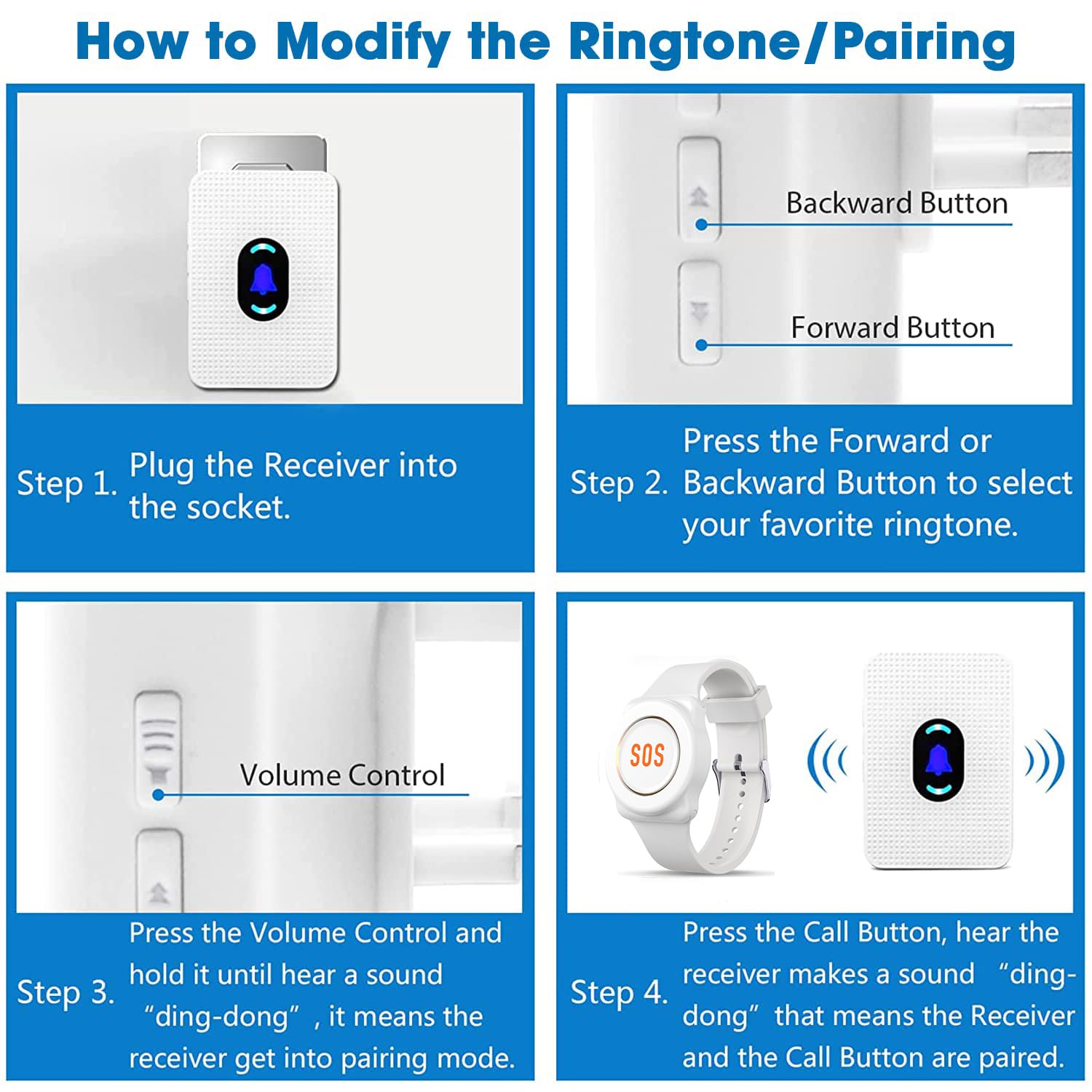 Daytech Wireless Caregiver Pager Call Button Elderly Medical Nurse Alert System for Elderly Monitoring/Seniors with 2 SOS Call Panic Buttons & 2 Watch Pagers, 500+Feet 3 Receivers