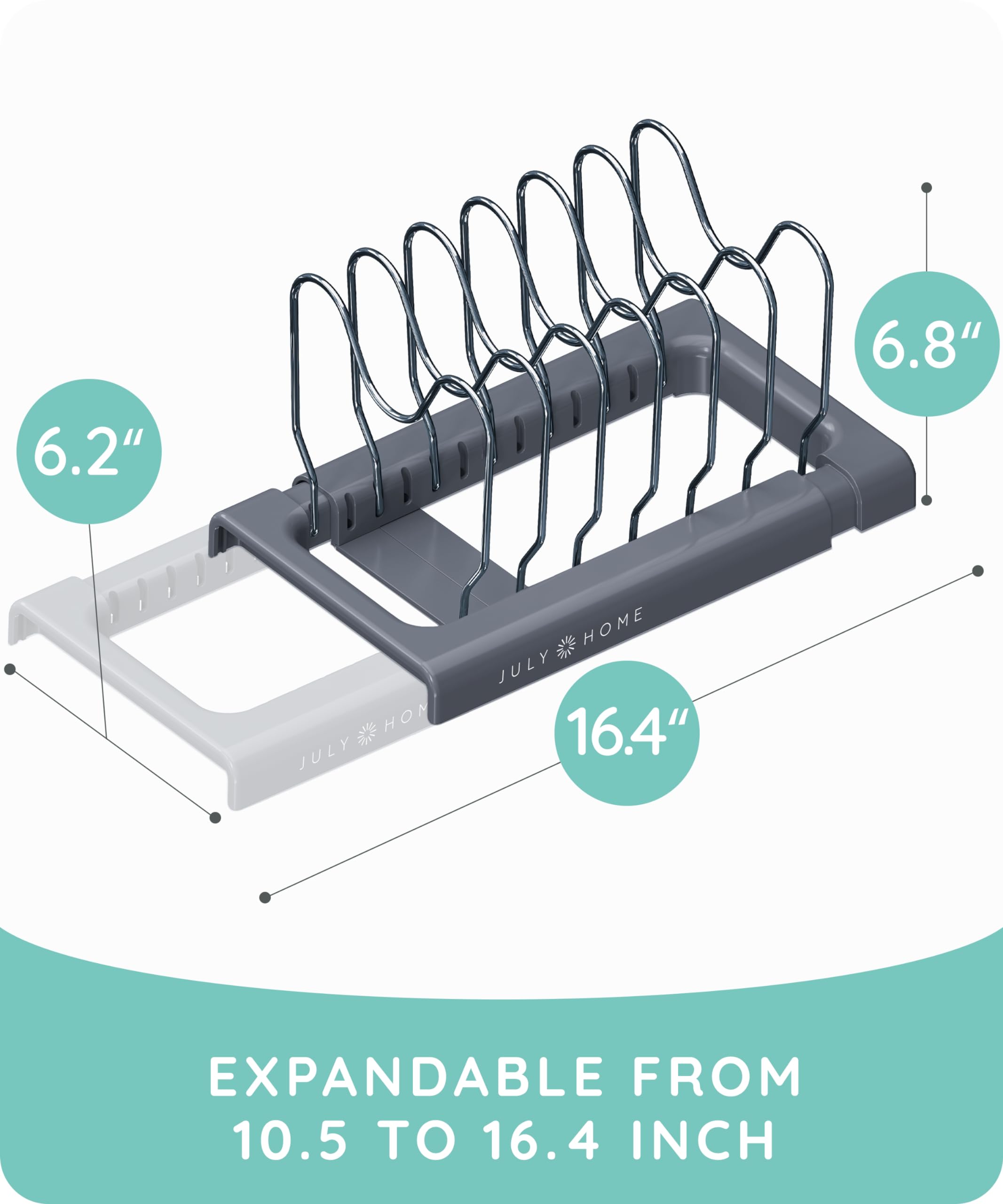 JULY HOME Expandable Pot and Pan Organizer Rack for Cabinet, Pot Lid Organizer Holder with 7 Adjustable Compartments, Cutting Board, Cookware, Bakeware & Frying Rack Organizer for Cabinet (Gray)