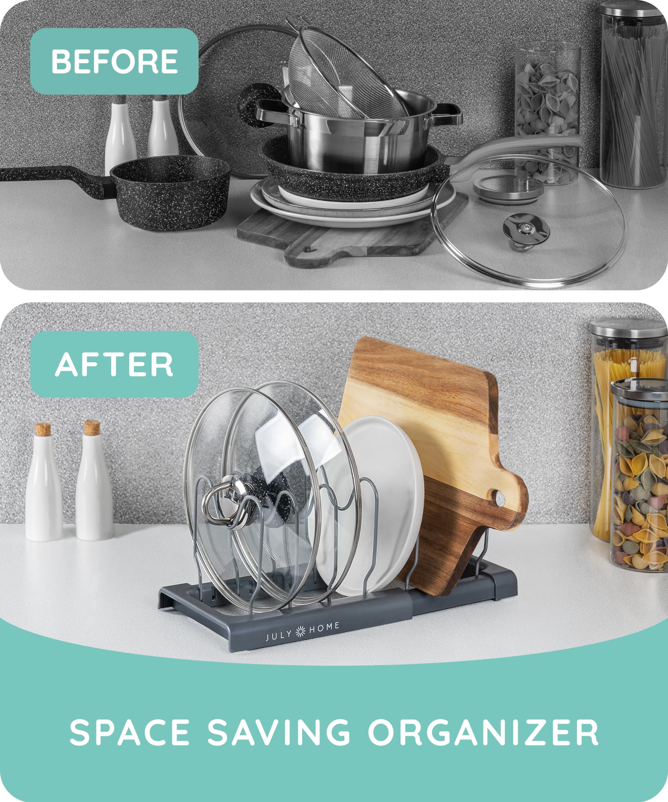 JULY HOME Expandable Pot and Pan Organizer Rack for Cabinet, Pot Lid Organizer Holder with 7 Adjustable Compartments, Cutting Board, Cookware, Bakeware & Frying Rack Organizer for Cabinet (Gray)