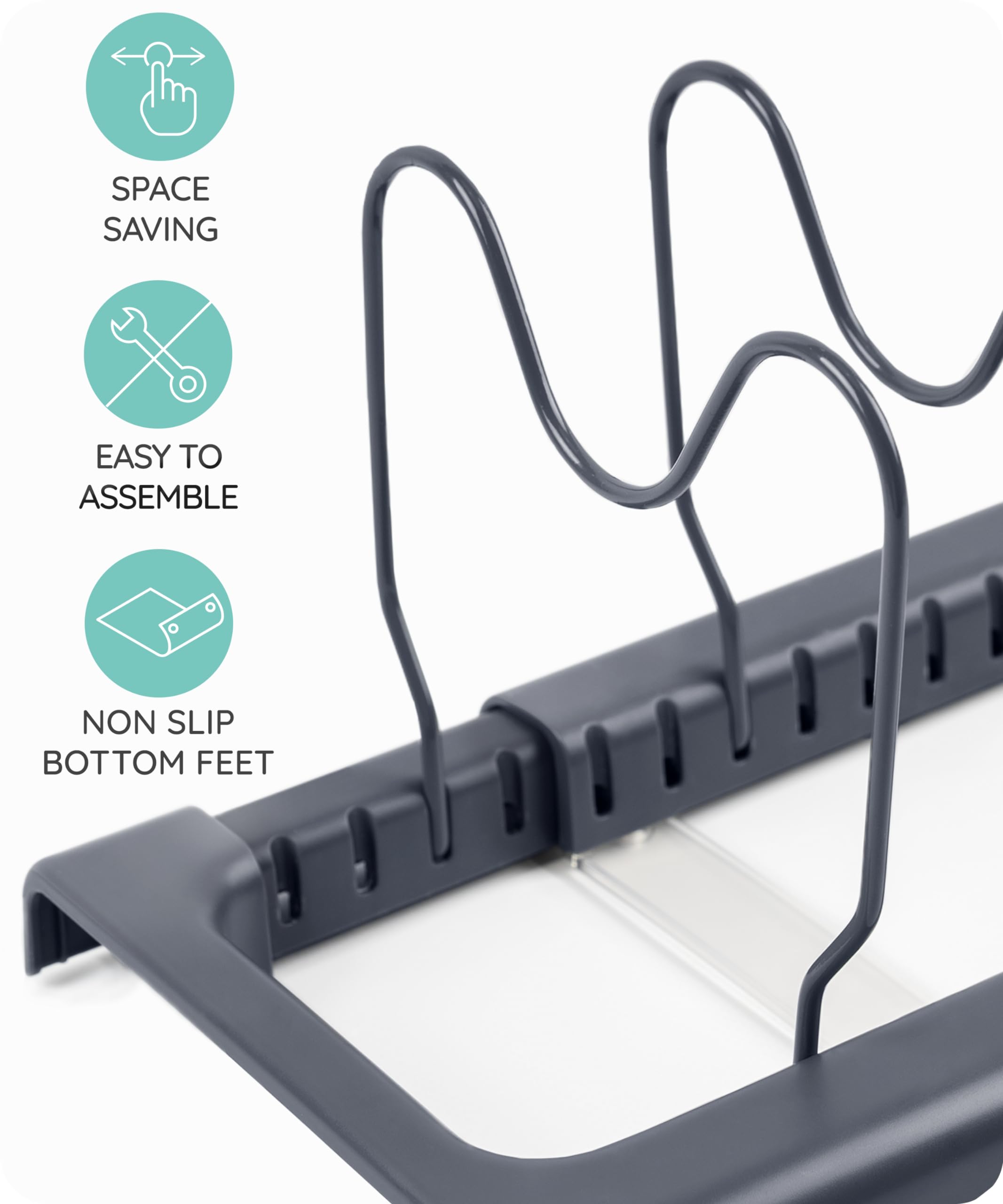 JULY HOME Expandable Pot and Pan Organizer Rack for Cabinet, Pot Lid Organizer Holder with 7 Adjustable Compartments, Cutting Board, Cookware, Bakeware & Frying Rack Organizer for Cabinet (Gray)