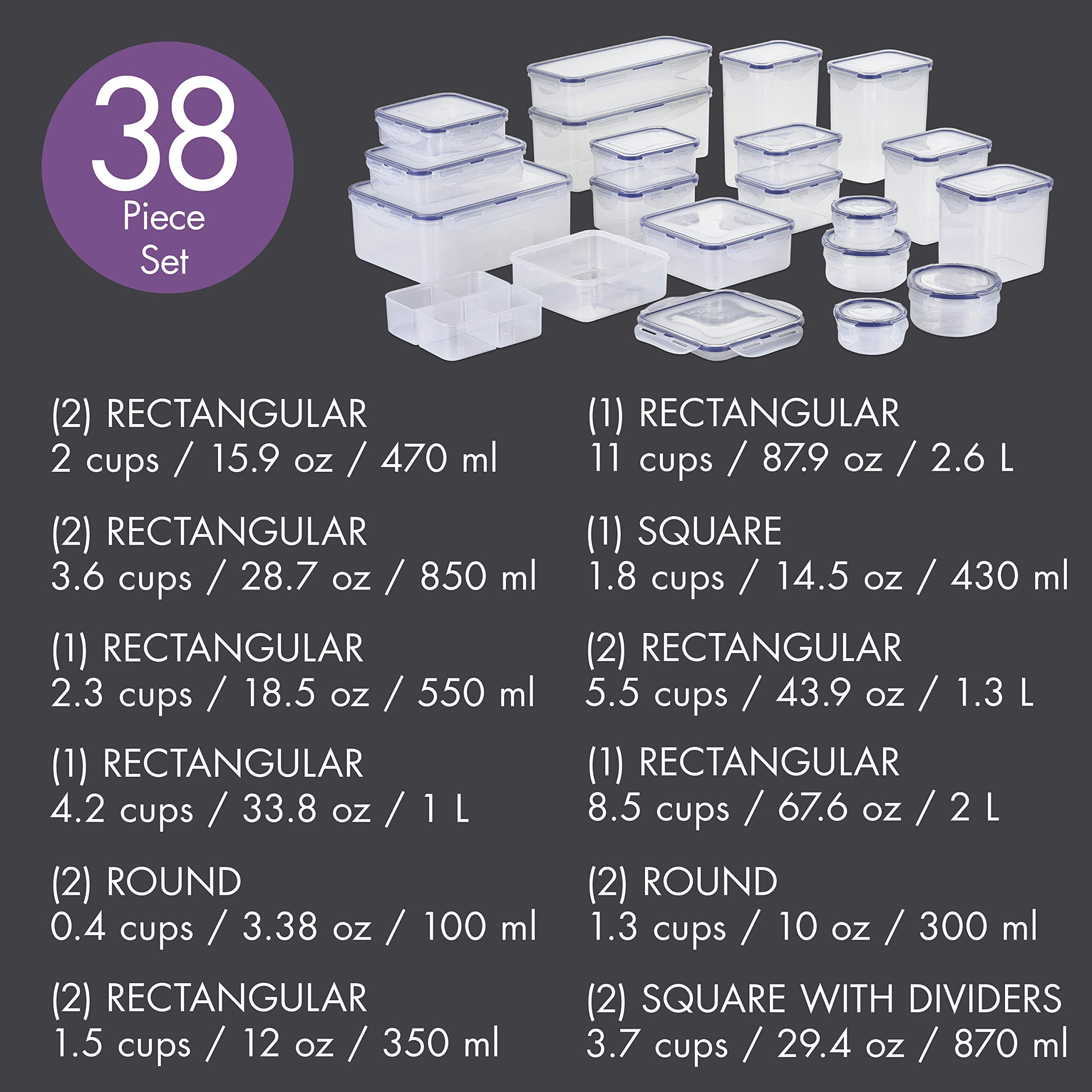 LocknLock Easy Essential Storage Set/Food Containers Airtight Bins/BPA-Free/Dishwasher Safe, 38 Piece, Clear
