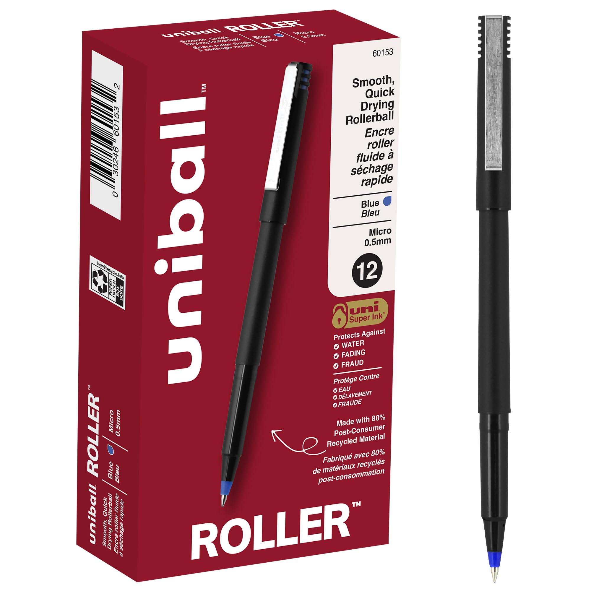 uni-ball Roller Rollerball Pens Fine Point Micro Tip, 0.5mm, Blue, 12 Pack