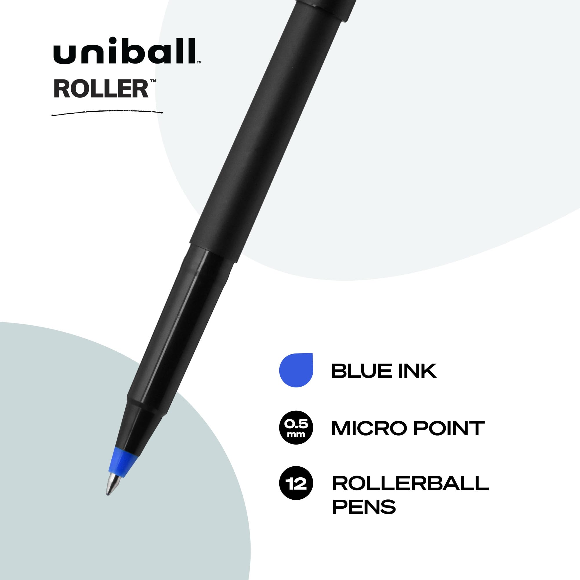 uni-ball Roller Rollerball Pens Fine Point Micro Tip, 0.5mm, Blue, 12 Pack
