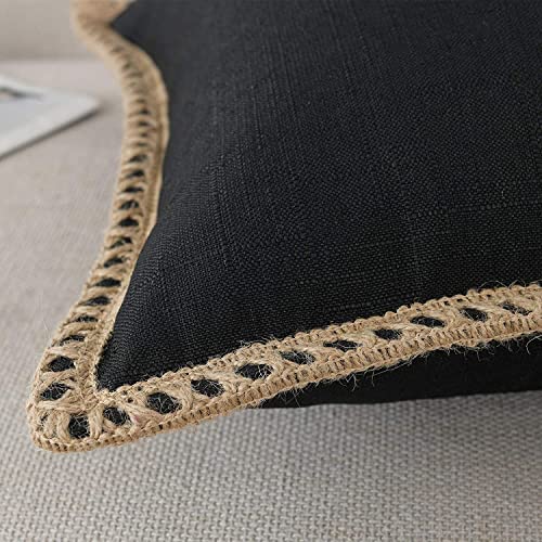 NordECO HOME Set of 2 Farmhouse Throw Pillow Covers - Burlap Linen Trimmed Tailored Edges Decorative Cushion Covers for Bed Home Decoration, 18 x 18, Black