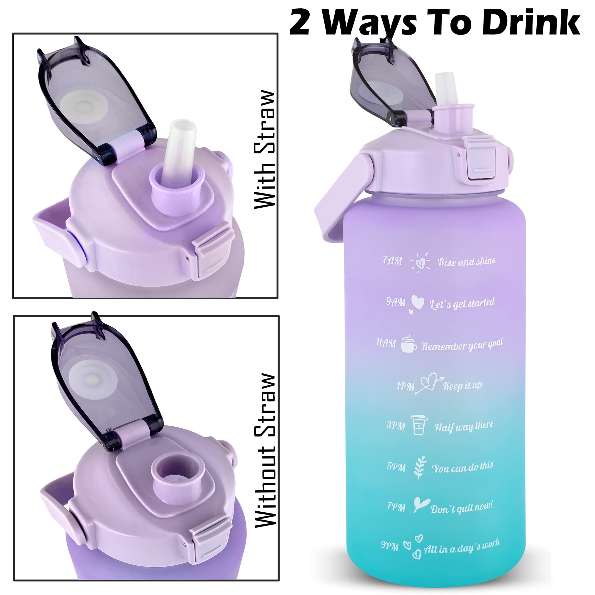 Mint Berry Half Gallon Water Bottle with Time Marker - 64 oz Water Bottle with Straw - Big Water Bottle - Large Water Bottle (Purple Mint Blue Gradient)