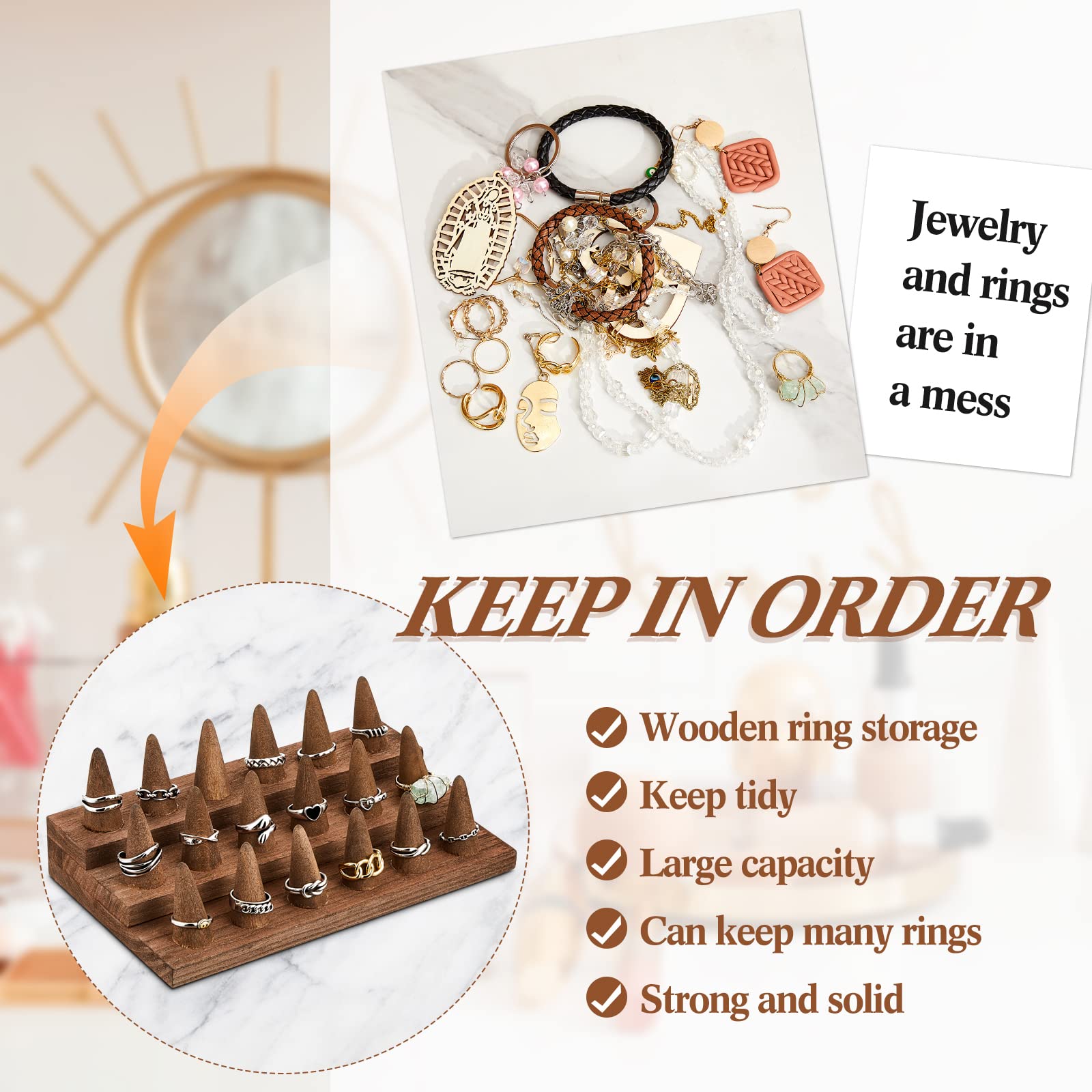 Juexica Wood Ring Display 2 Pieces Ring Holder for Jewelry Wooden Ring Stand Jewelry Counter Showcase 3 Step Ring Organizer for 18 Rings Storage Selling (Brown)