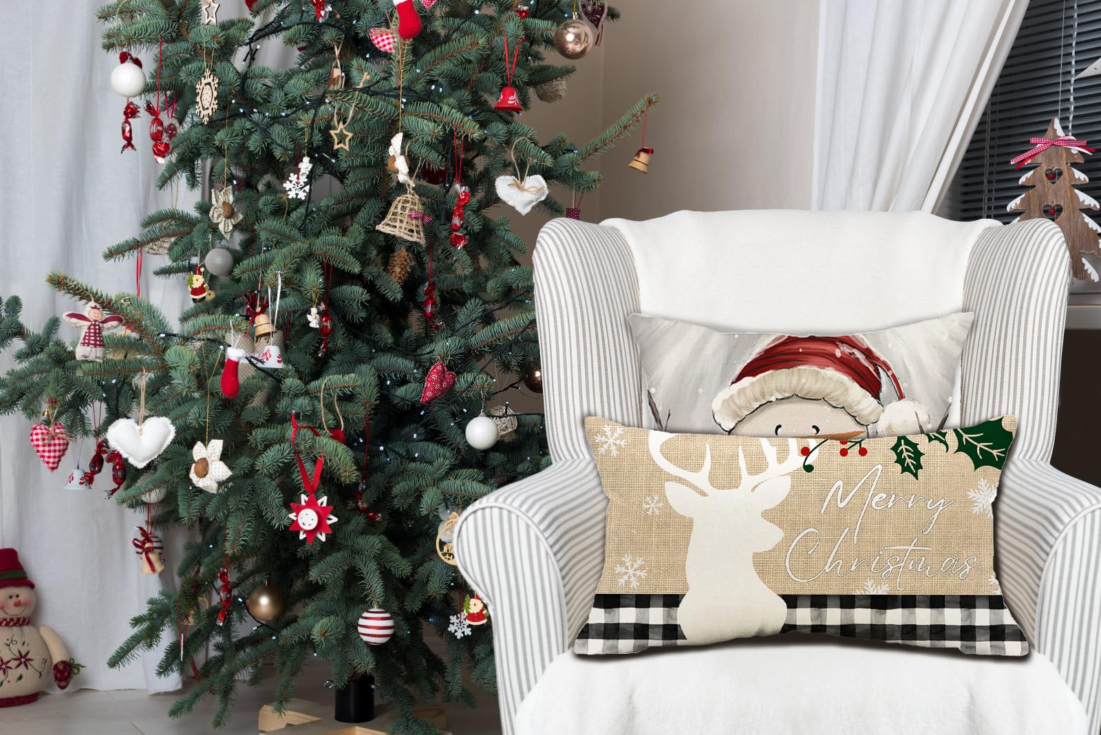 KACOPOL Black White Buffalo Plaid Deer Throw Snowflake Merry Christmas Throw Pillow Cover Linen for Couch Bed Sofa Car Cushion Covers 12 x 20 inch Pillow Case