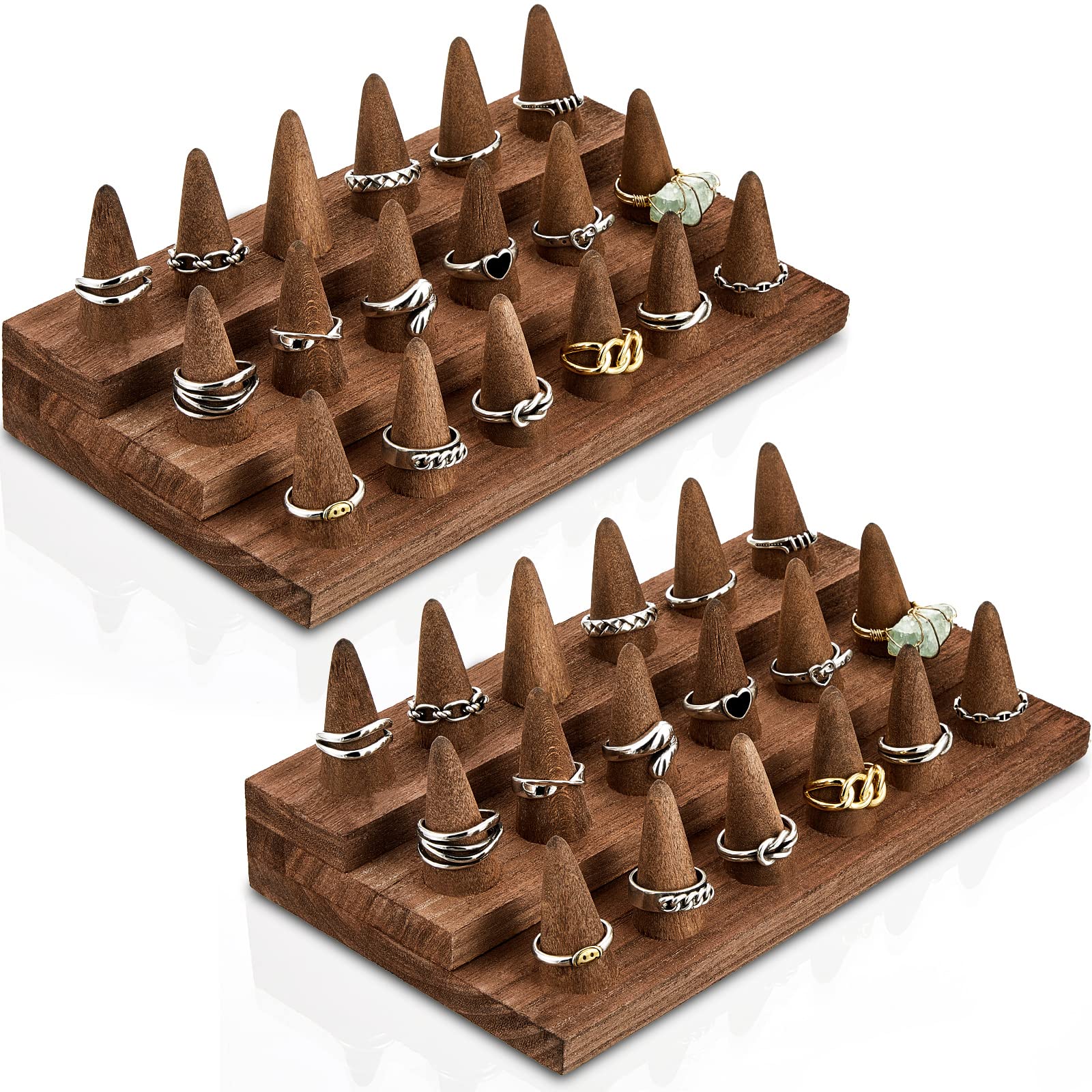 Juexica Wood Ring Display 2 Pieces Ring Holder for Jewelry Wooden Ring Stand Jewelry Counter Showcase 3 Step Ring Organizer for 18 Rings Storage Selling (Brown)